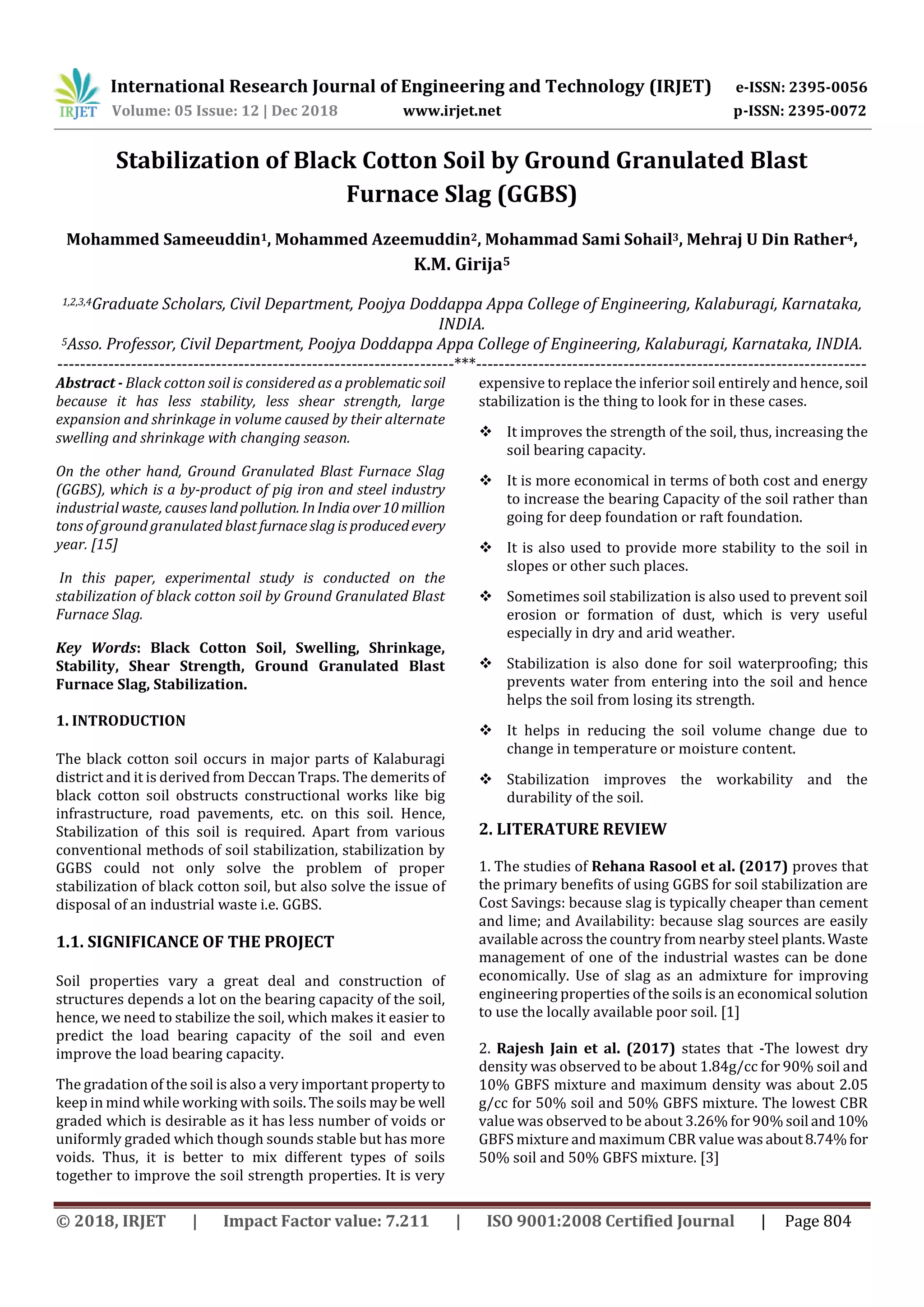 IRJET- Stabilization of Black Cotton Soil by Ground Granulated Blast Furnace Slag (GGBS) | PDF