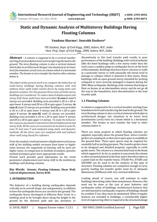 IRJET- Static and Dynamic Analysis of Multistorey Buildings having Floating Columns | PDF