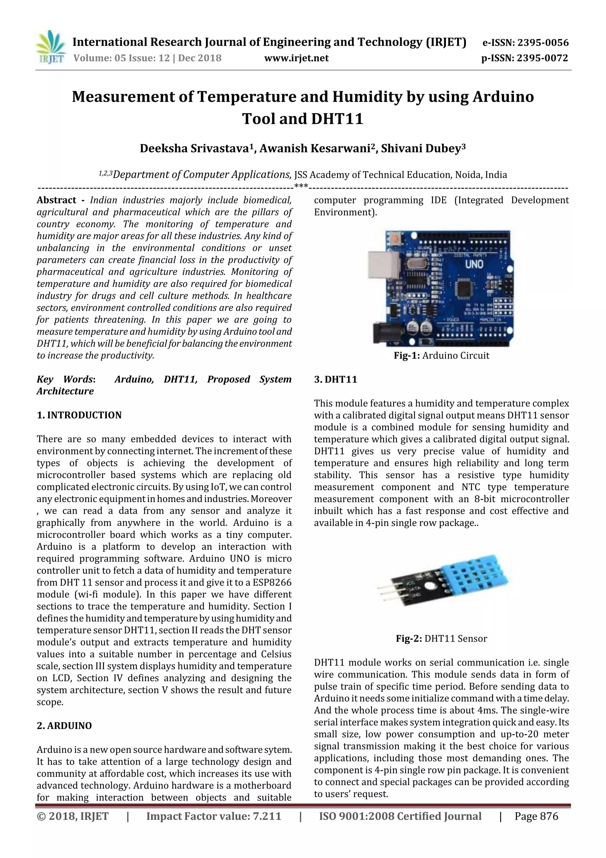 IRJET- Measurement of Temperature and Humidity by using Arduino Tool and DHT11 | PDF