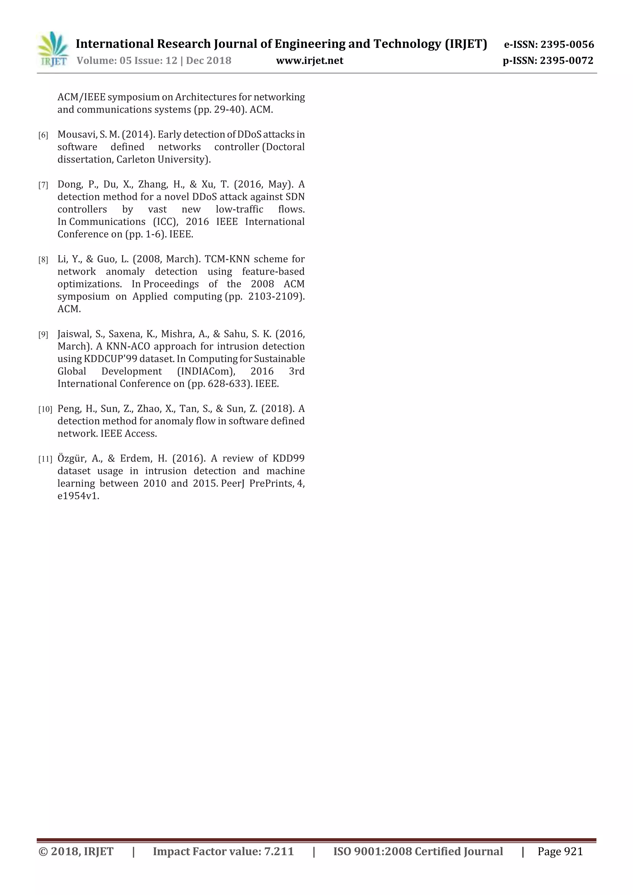 IRJET- Detection of Distributed Denial-of-Service (DDos) Attack on Software Defined Network (SDN ...