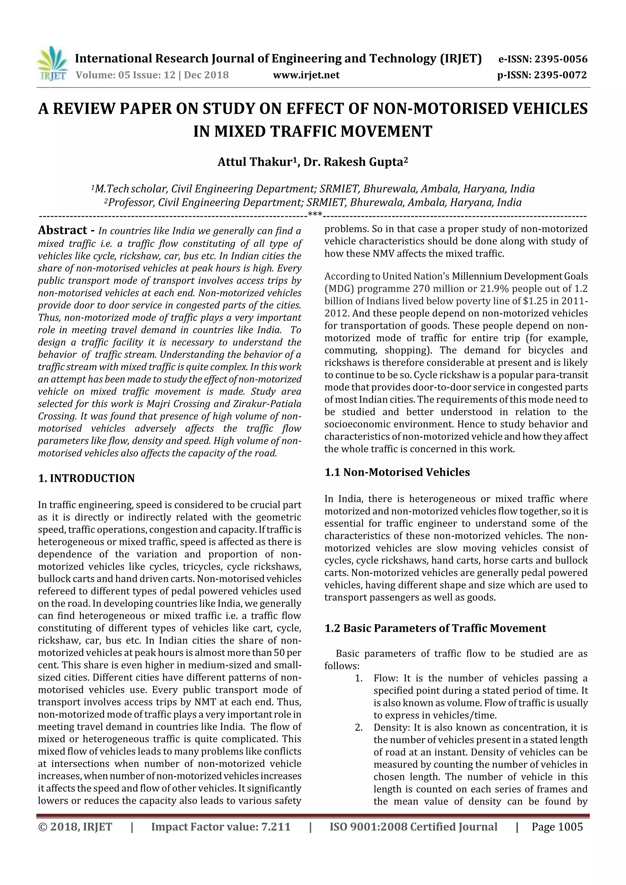 IRJET- A Review Paper on Study on Effect of Non-Motorised Vehicles in ...