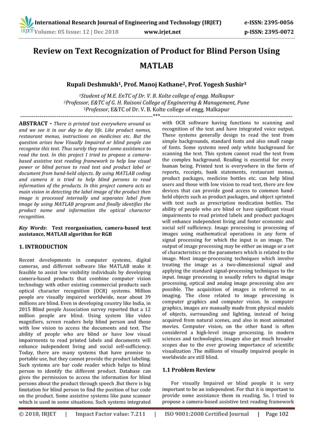 IRJET- Review on Text Recognization of Product for Blind Person using ...