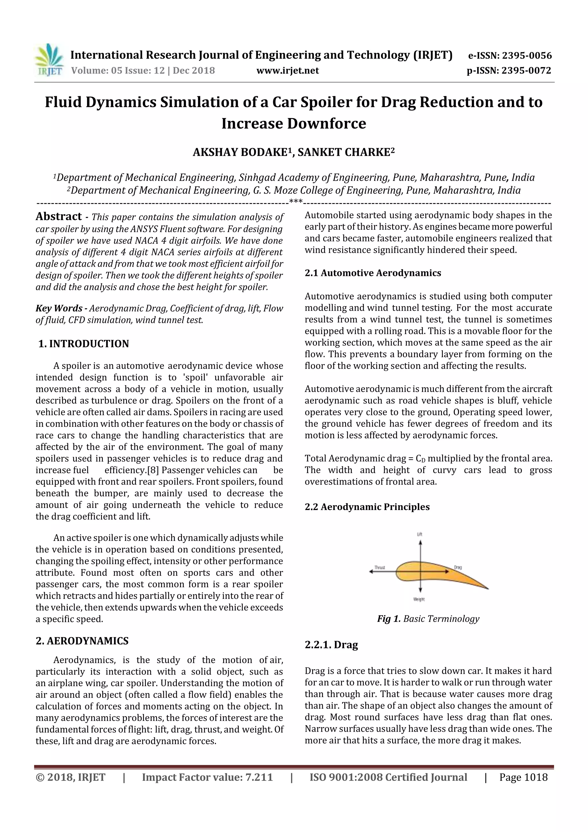 IRJET- Fluid Dynamics Simulation of a Car Spoiler for Drag Reduction ...