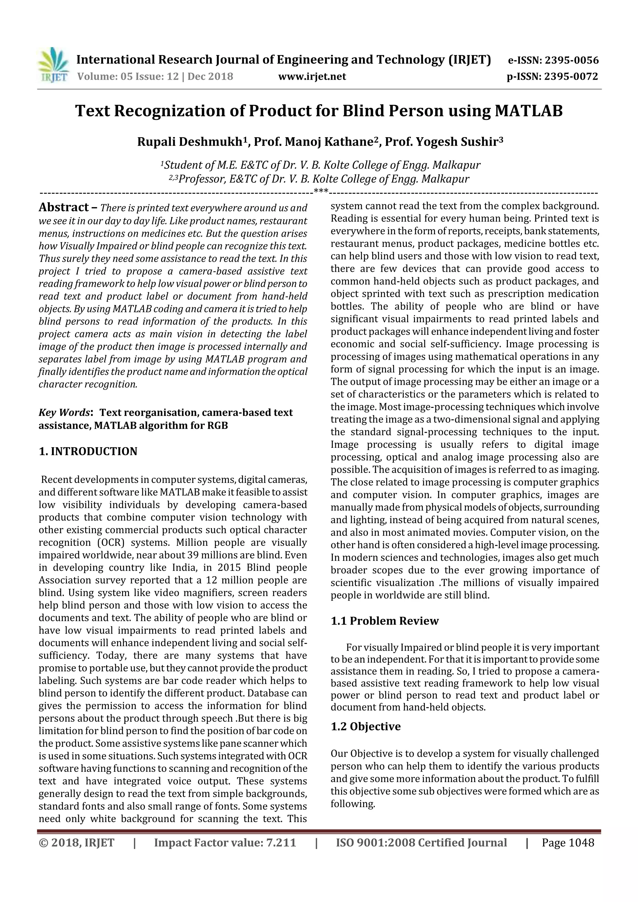 IRJET- Text Recognization of Product for Blind Person using MATLAB ...
