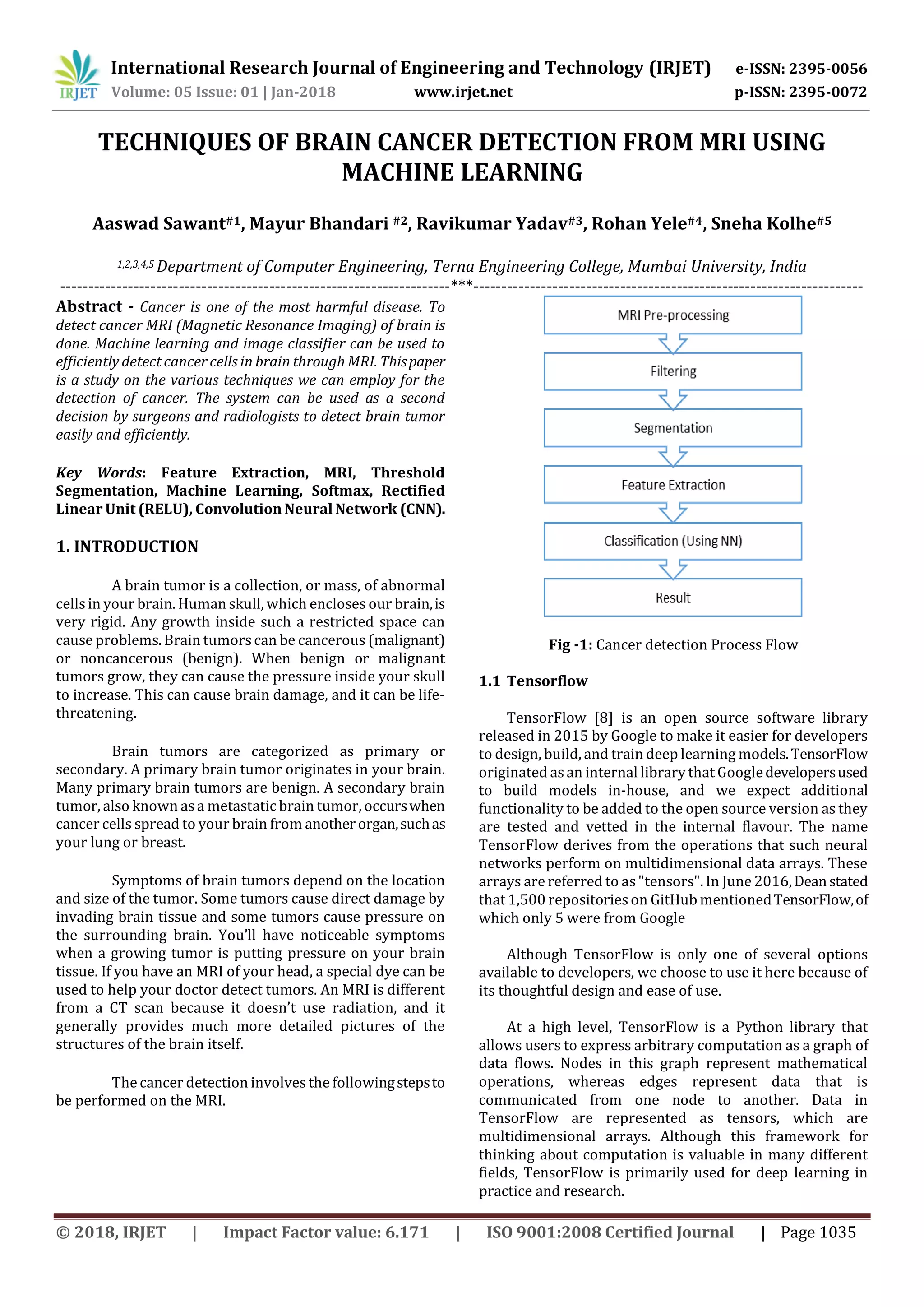 Techniques of Brain Cancer Detection from MRI using Machine Learning | PDF