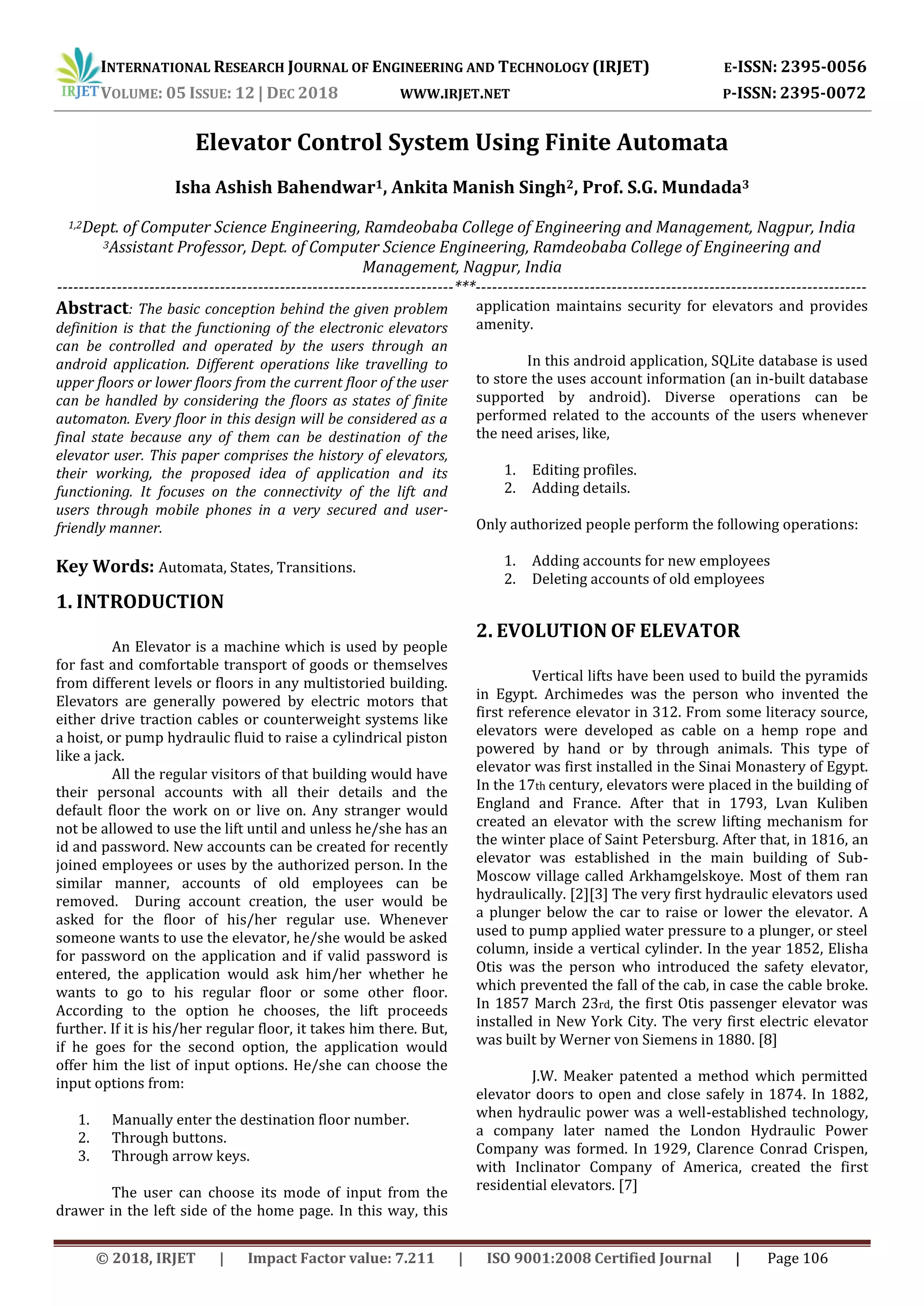 IRJET- Elevator Control System using Finite Automata | PDF