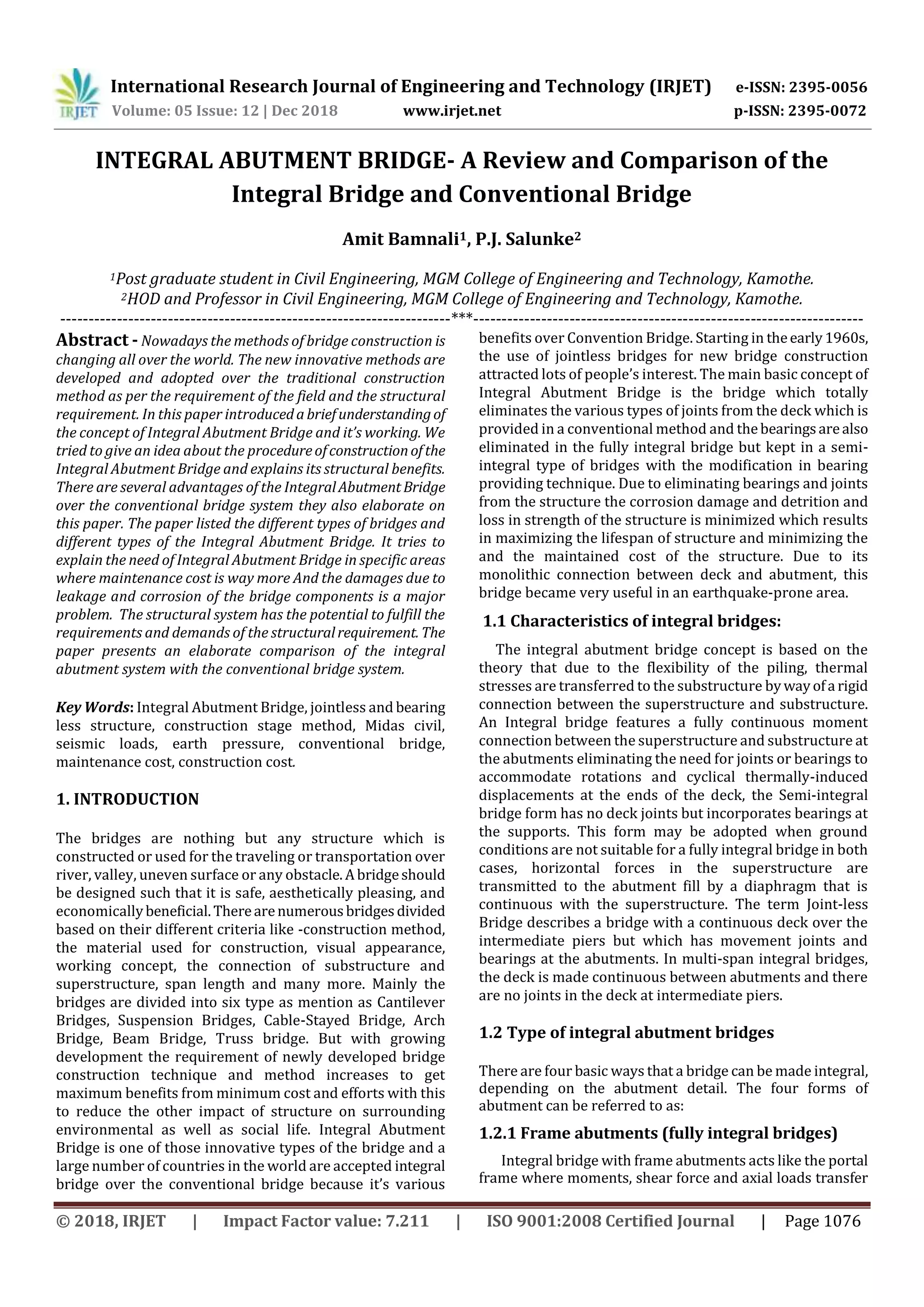 IRJET- Integral Abutment Bridge- A Review and Comparison of the ...