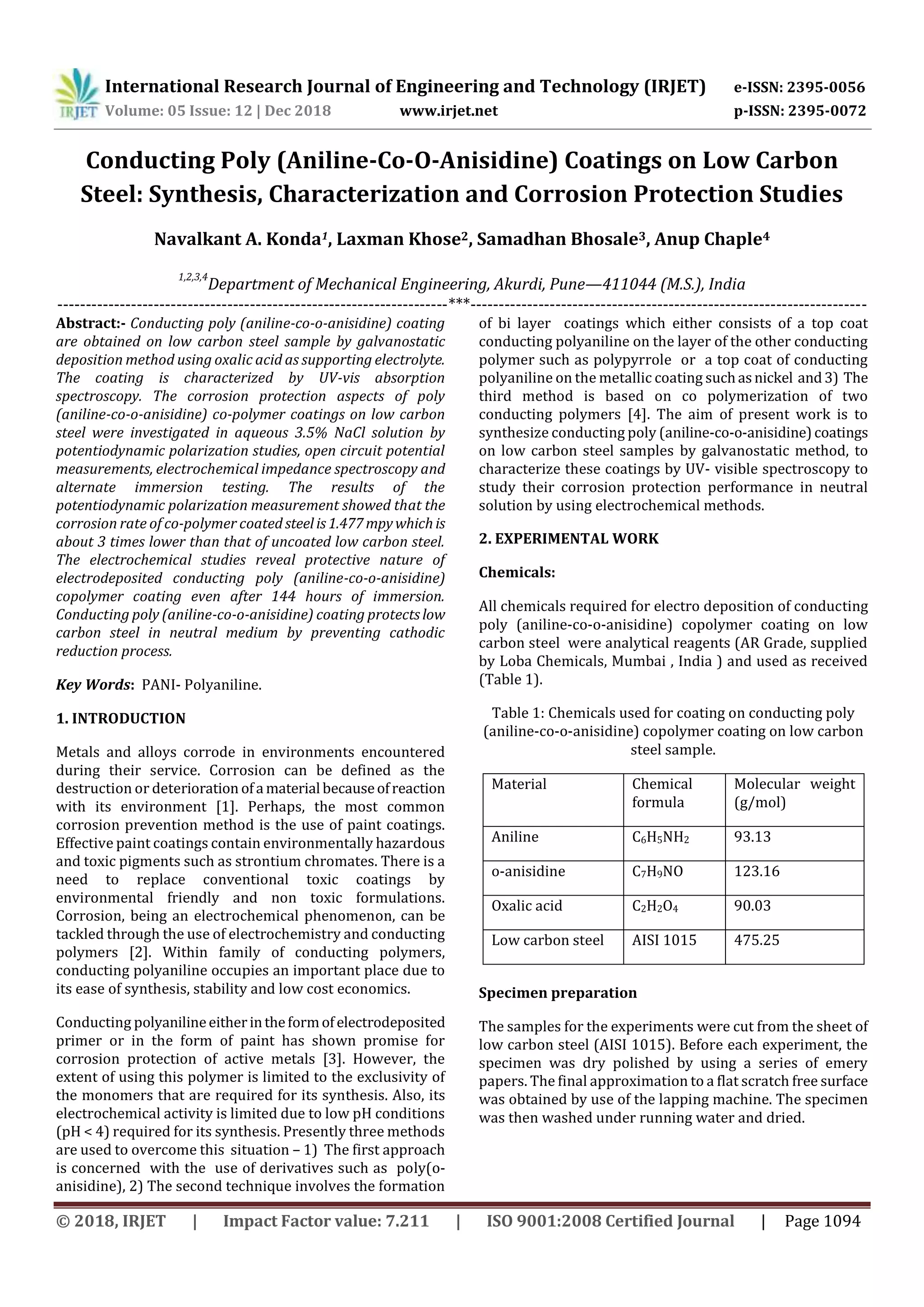 IRJET- Conducting Poly (Aniline-Co-O-Anisidine) Coatings on Low Carbon ...