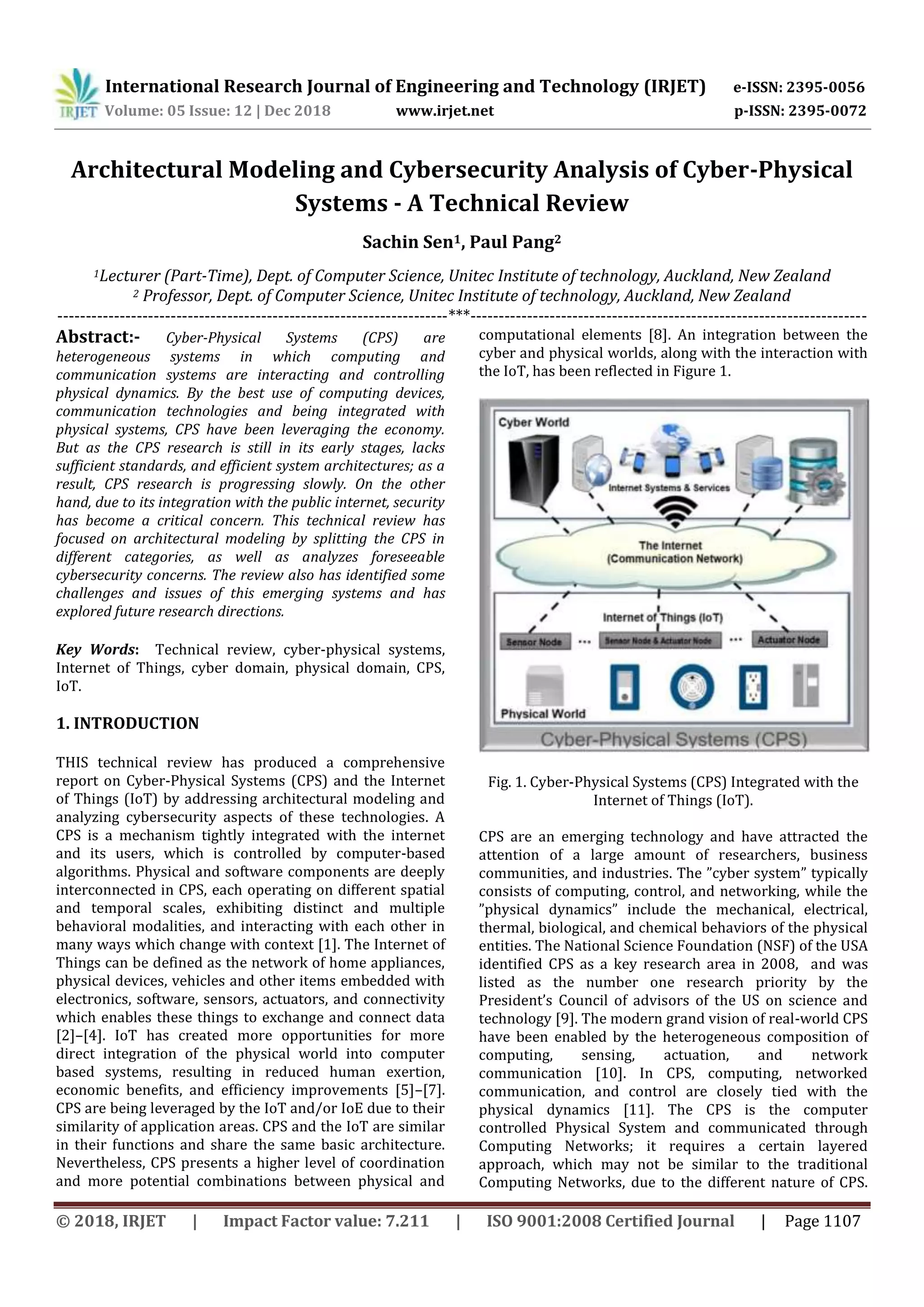 IRJET- Architectural Modeling and Cybersecurity Analysis of Cyber-Physical Systems - A Technical ...