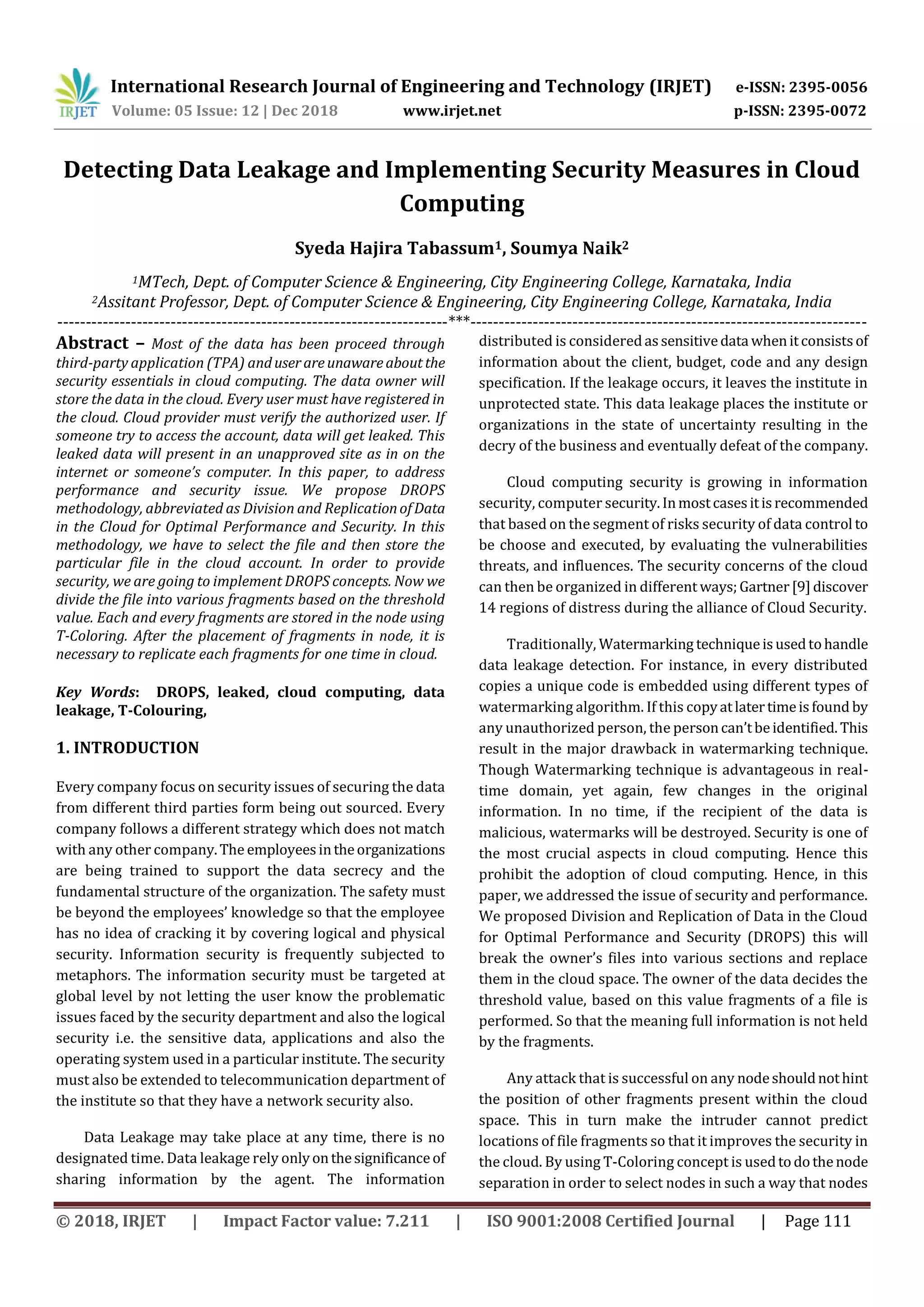 IRJET- Detecting Data Leakage and Implementing Security Measures in Cloud Computing | PDF