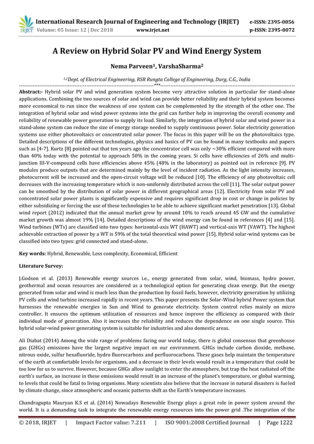 IRJET- A Review on Hybrid Solar PV and Wind Energy System | PDF