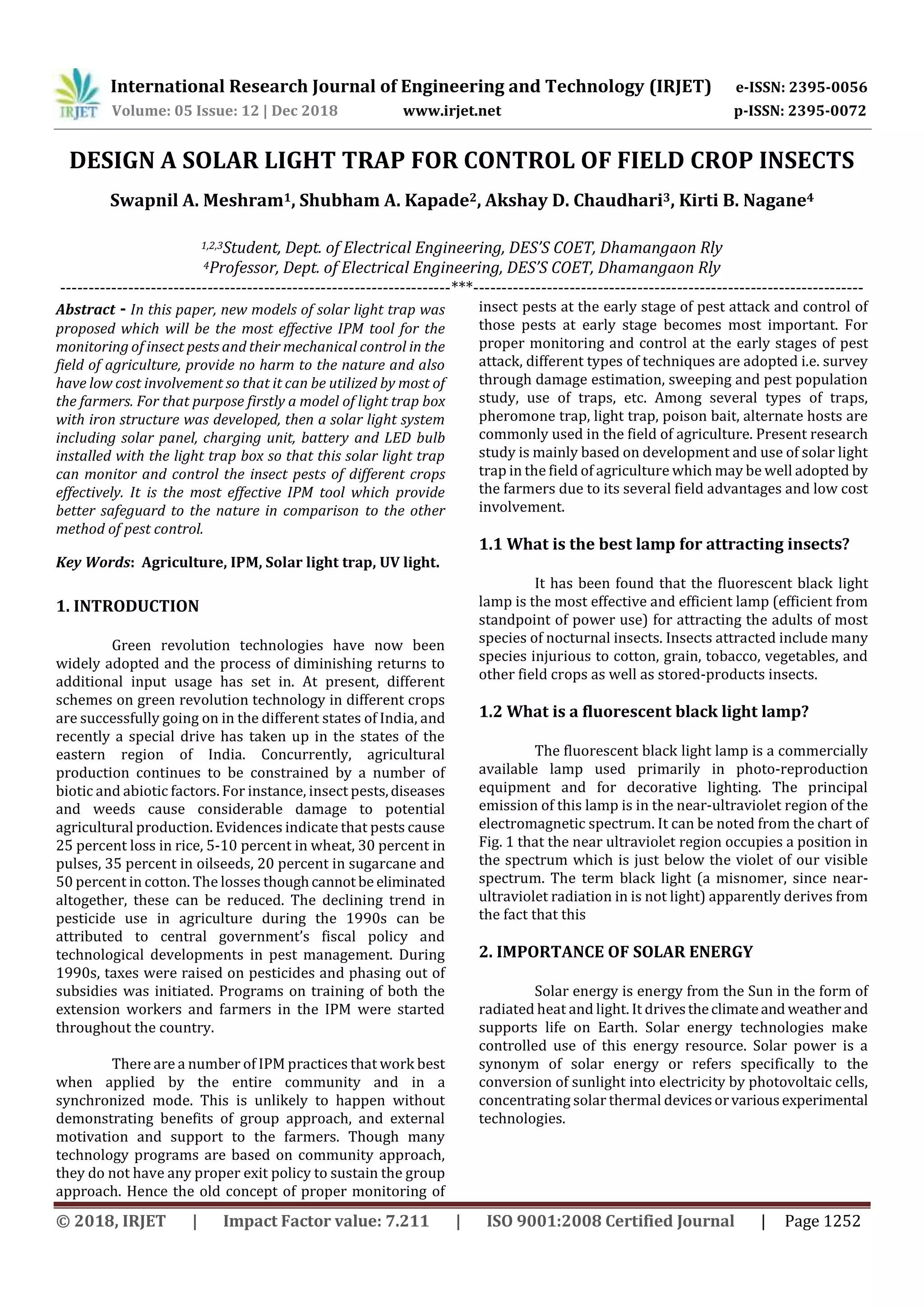 IRJET- Design a Solar Light Trap for Control of Field Crop Insects | PDF
