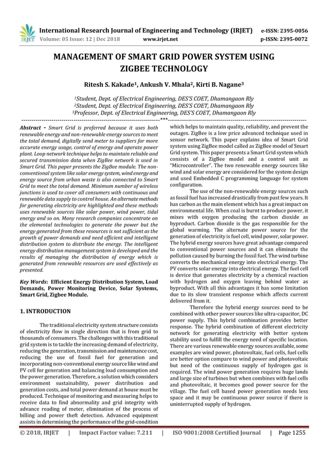 IRJET- Management of Smart Grid Power System using Zigbee Technology | PDF
