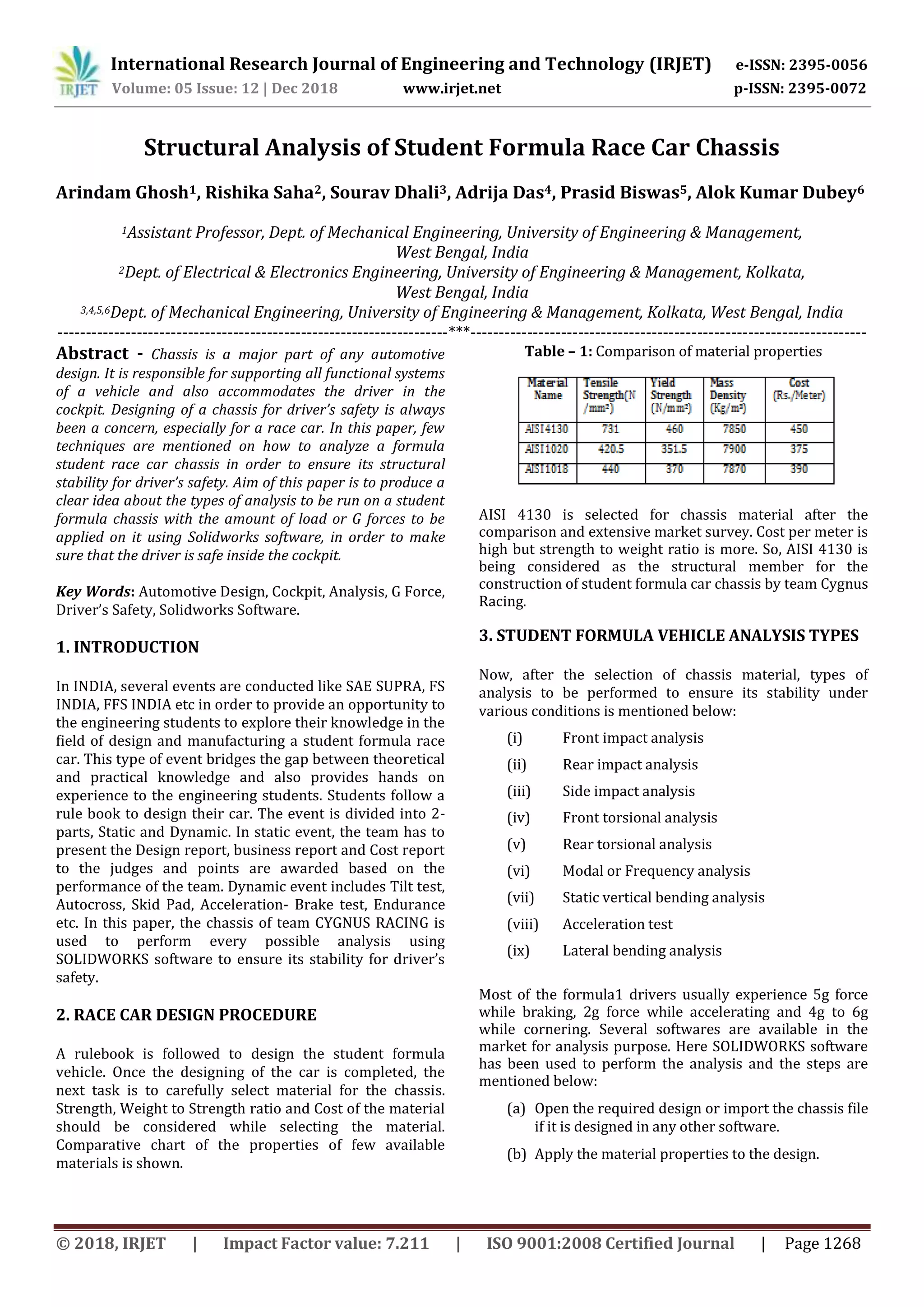 IRJET- Structural Analysis of Student Formula Race Car Chassis | PDF