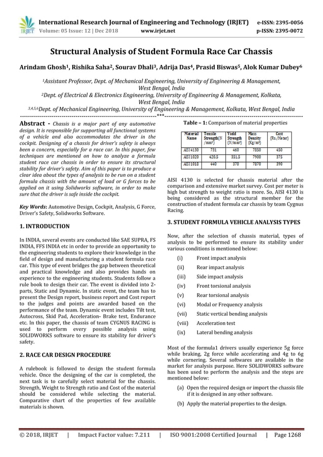 IRJET- Structural Analysis of Student Formula Race Car Chassis | PDF