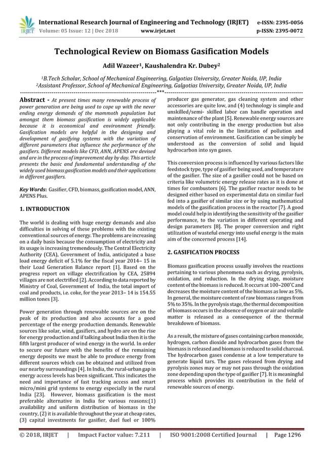 IRJET- Technological Review on Biomass Gasification Models | PDF