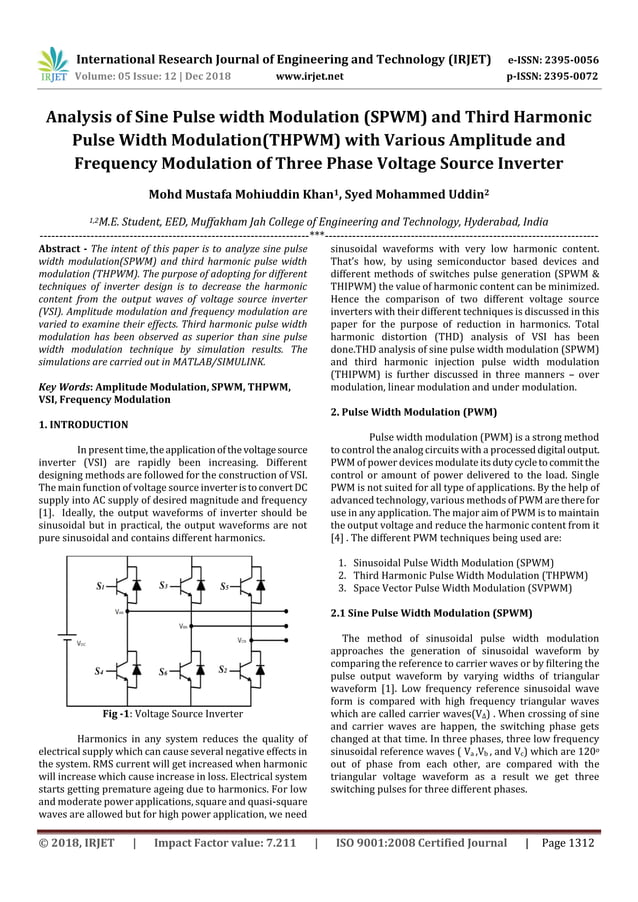 IRJET- Analysis of Sine Pulse Width Modulation (SPWM) and Third Harmonic Pulse Width Modulation ...