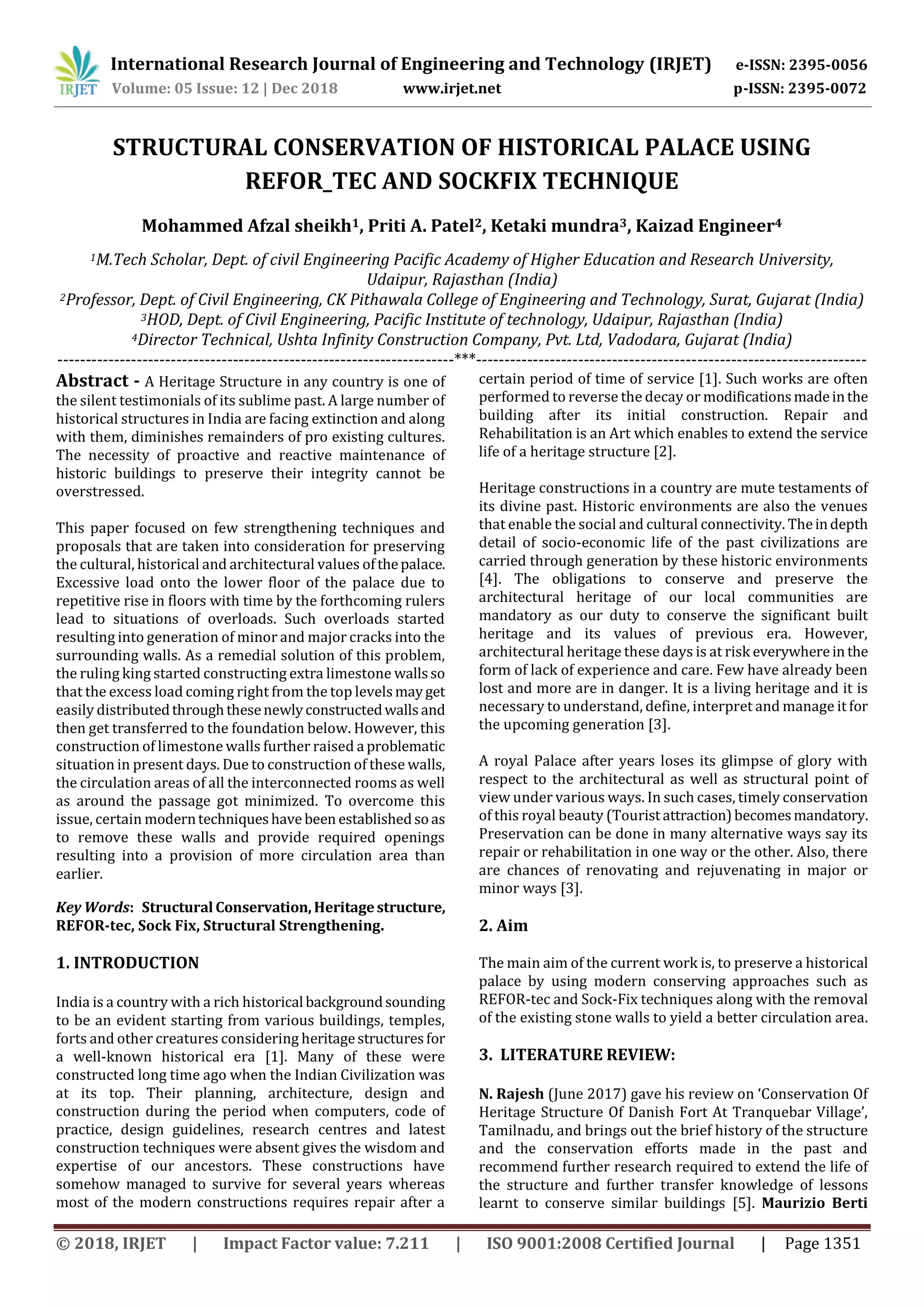 IRJET- Structural Conservation of Historical Palace using Refor_Tec and Sockfix Technique | PDF