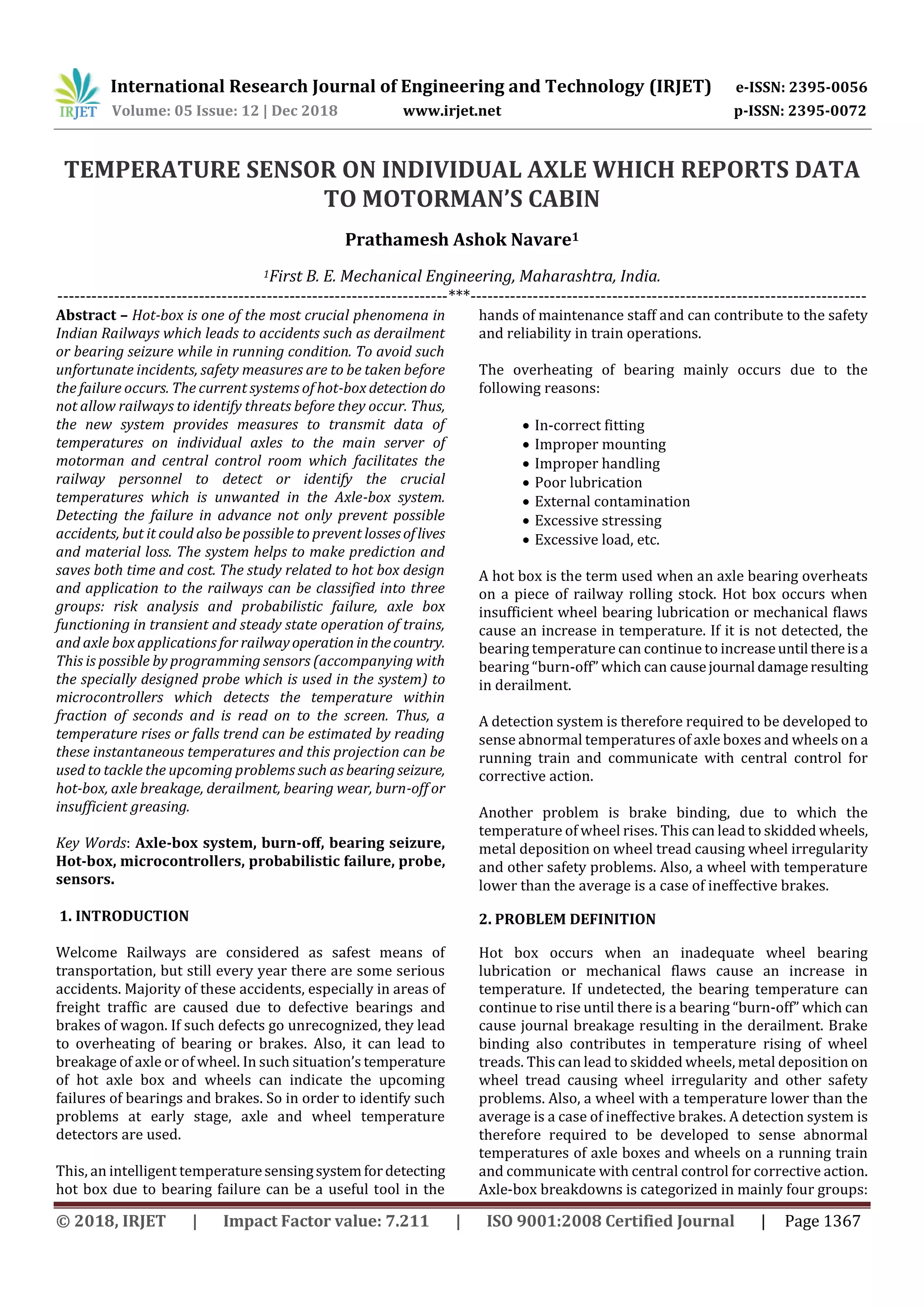 IRJET- Temperature Sensor on Individual Axle which Reports Data to ...