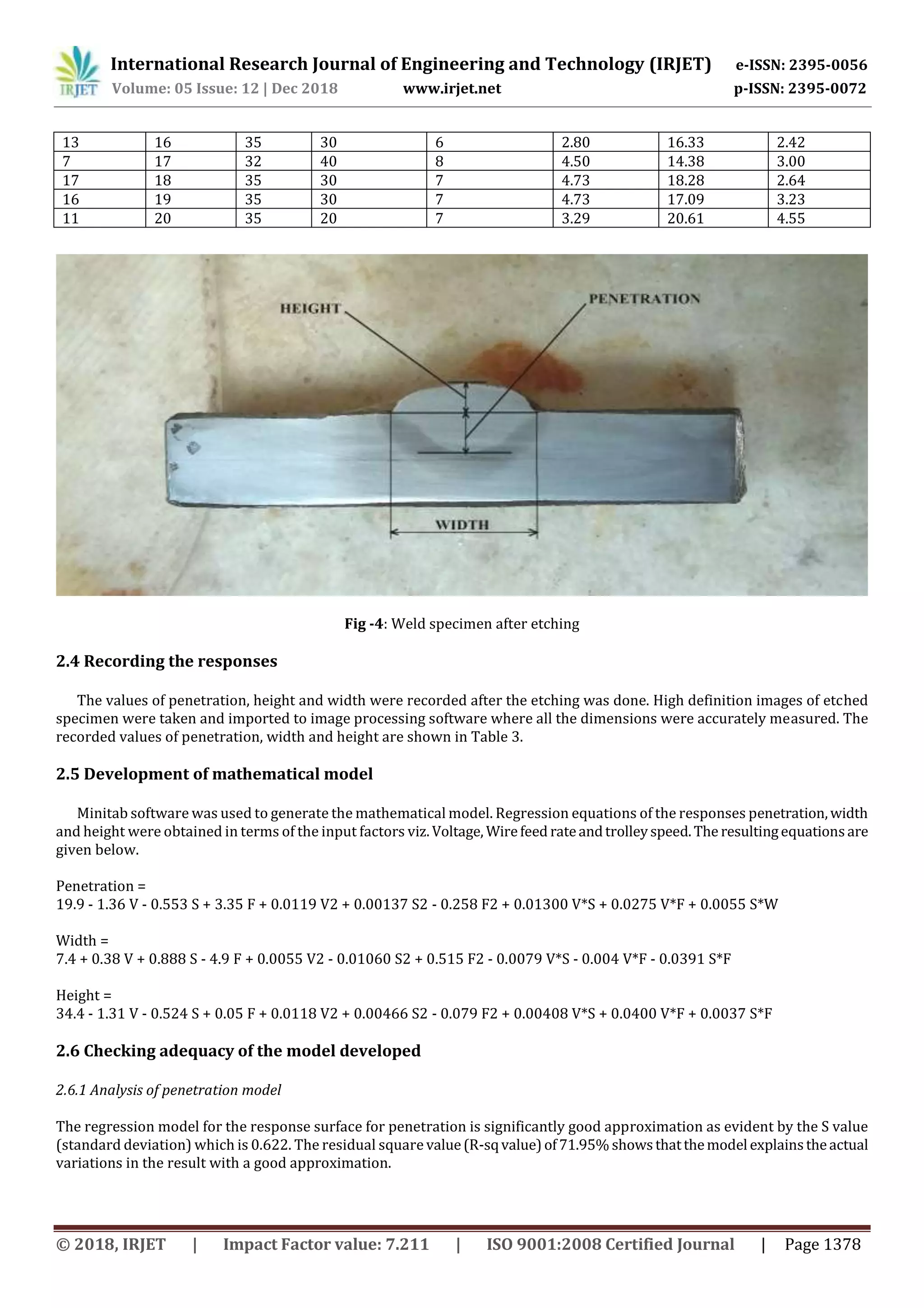 IRJET- Development of Mathematical Models to Predict Weld Bead Geometry of Butt Welded HSLA ...