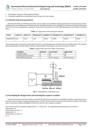 IRJET- Development of Mathematical Models to Predict Weld Bead Geometry of Butt Welded HSLA ...