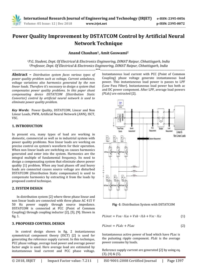 IRJET- Power Quality Improvement by DSTATCOM Control by Artificial Neural Network Technique ...