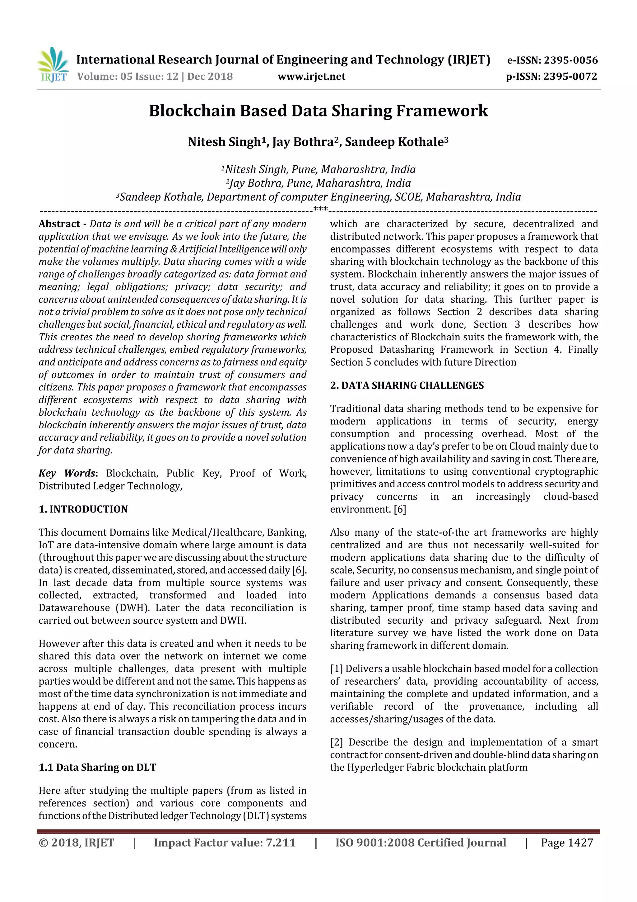 Irjet Blockchain Based Data Sharing Framework Pdf