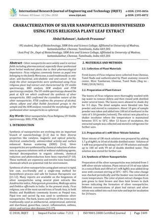 IRJET- Characterization of Silver Nanoparticles Biosynthesized using Ficus Religiosa Plant Leaf ...
