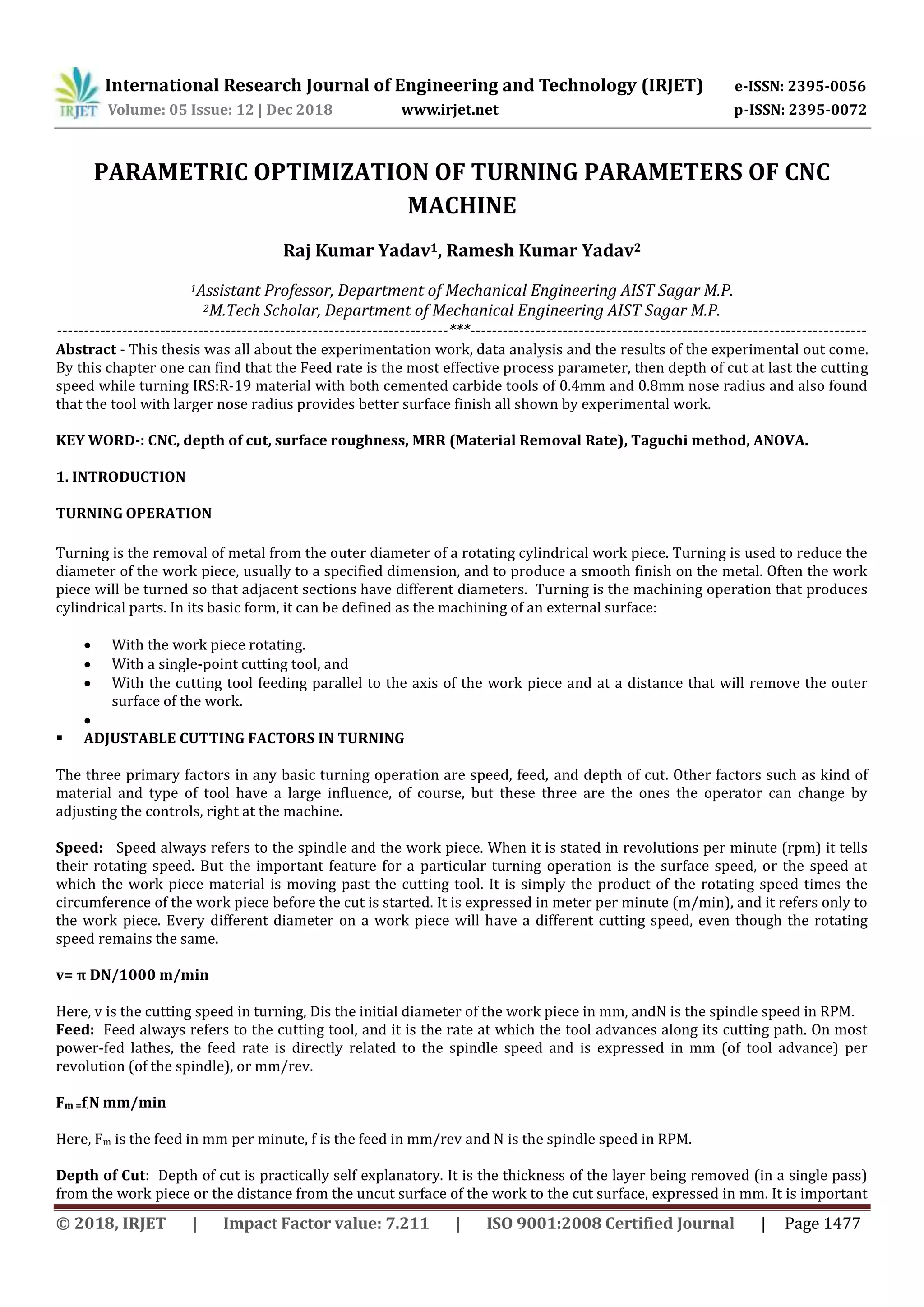 IRJET- Parametric Optimization of Turning Parameters of CNC Machine | PDF