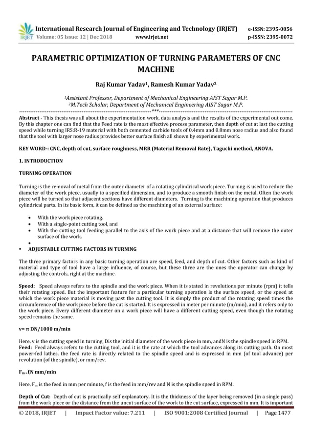 Irjet Parametric Optimization Of Turning Parameters Of Cnc Machine Pdf Physics Science