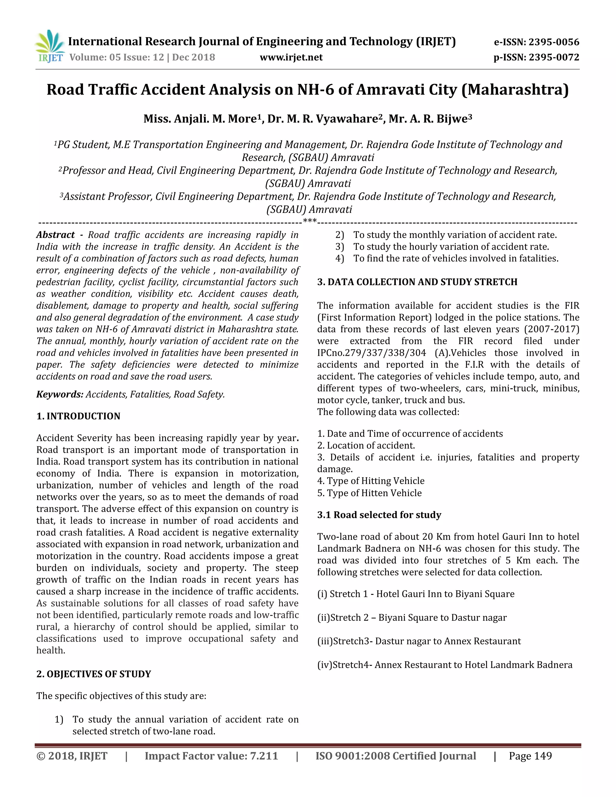 IRJET- Road Traffic Accident Analysis on NH-6 of Amravati City (Maharashtra) | PDF