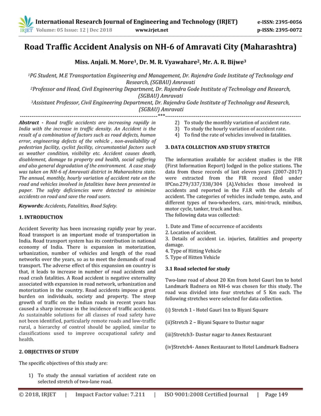 IRJET- Road Traffic Accident Analysis on NH-6 of Amravati City (Maharashtra) | PDF | Injuries ...