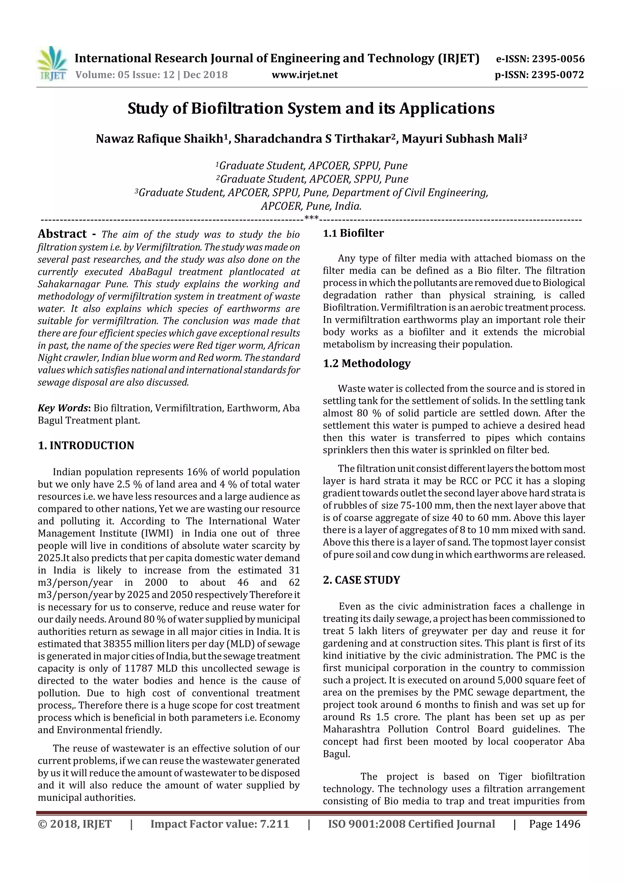 IRJET- Study of Biofiltration System and its Applications | PDF