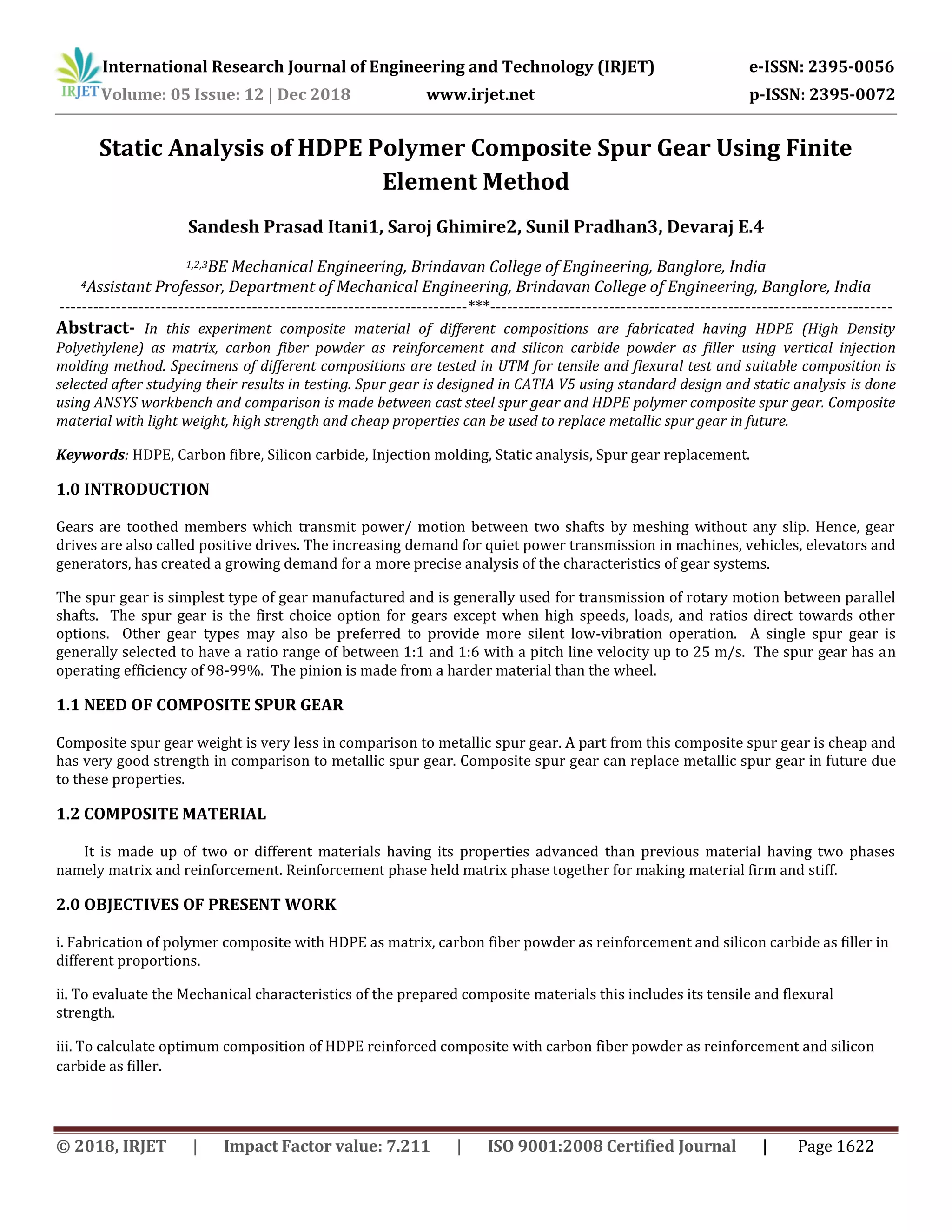IRJET- Static Analysis of HDPE Polymer Composite Spur Gear using Finite Element Method | PDF