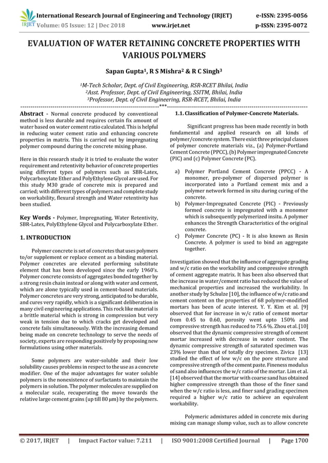 IRJET- Evaluation of Water Retaining Concrete Properties with Various ...
