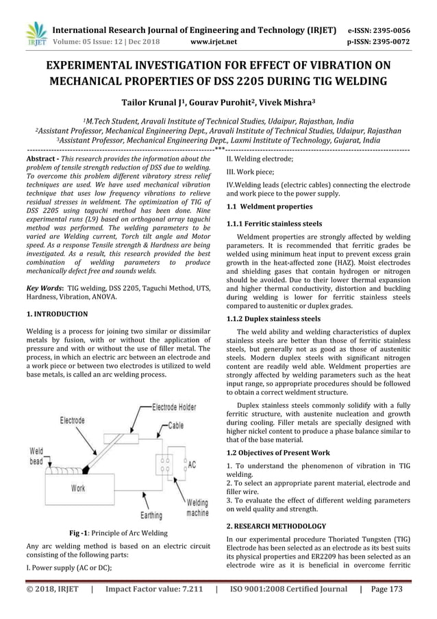 IRJET- Experimental Investigation for Effect of Vibration on Mechanical Properties of DSS 2205 ...
