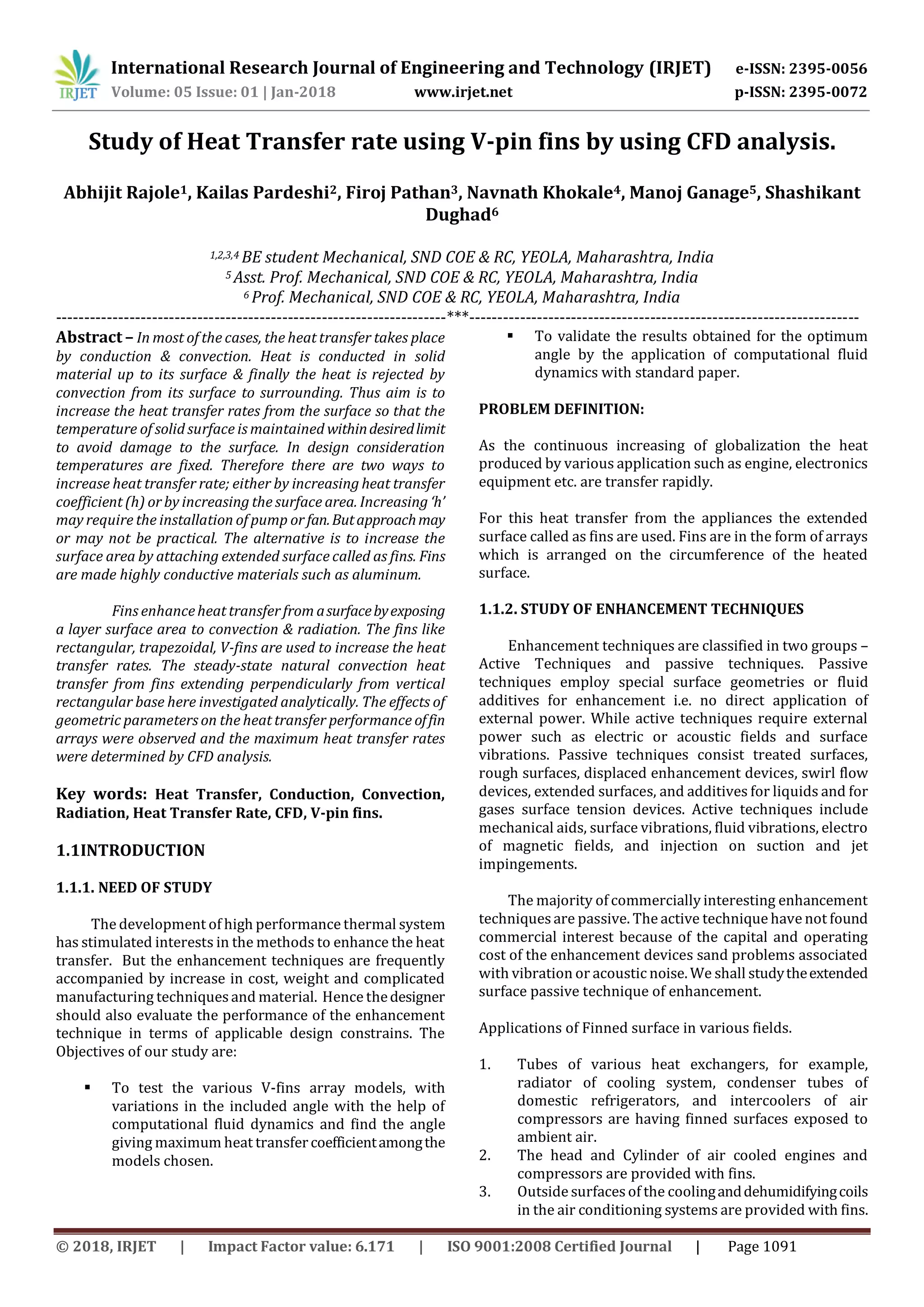 Study of Heat Transfer rate using V-pin Fins by using CFD Analysis | PDF | Physics | Science