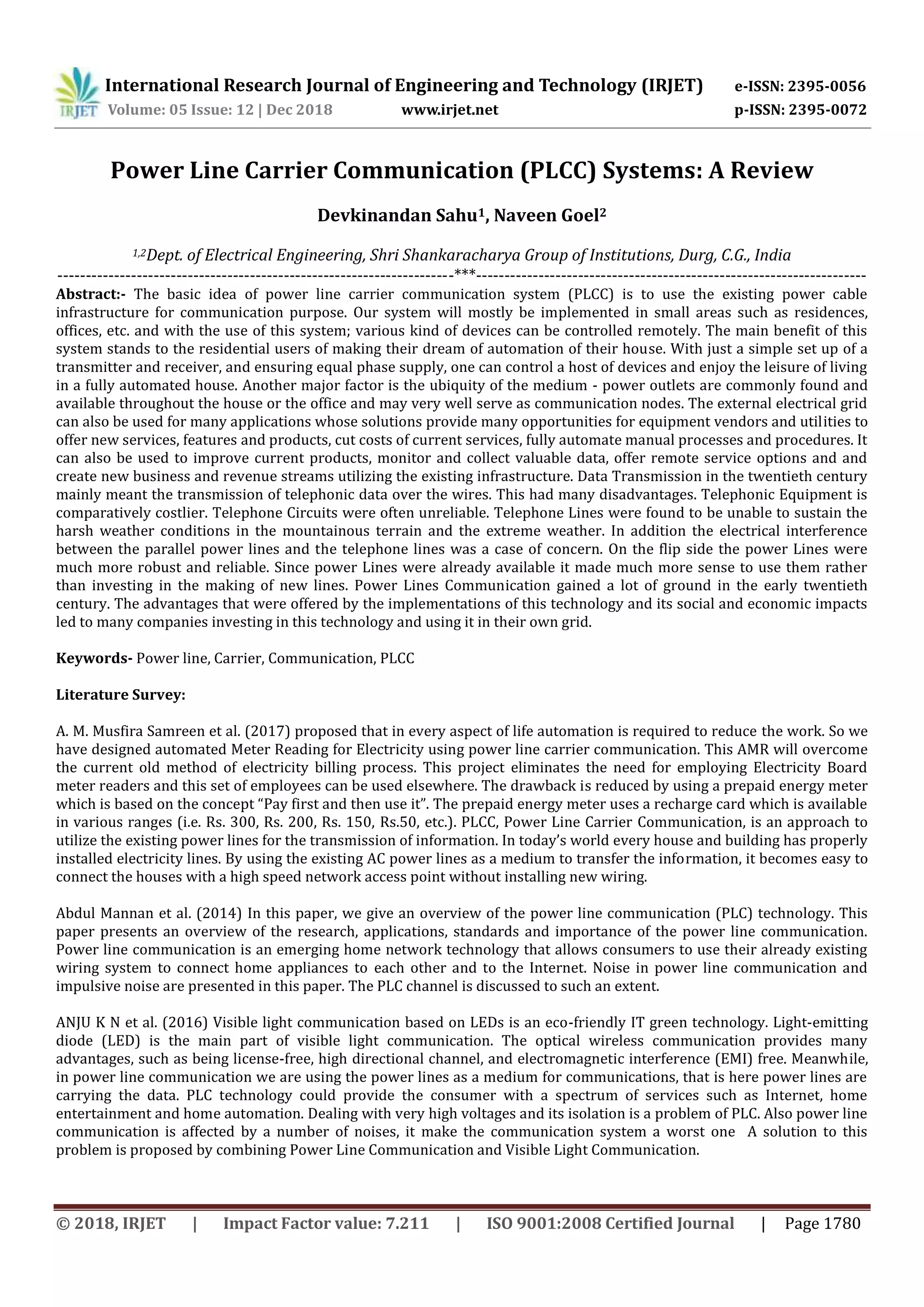 IRJET- Power Line Carrier Communication (PLCC) Systems: A Review | PDF