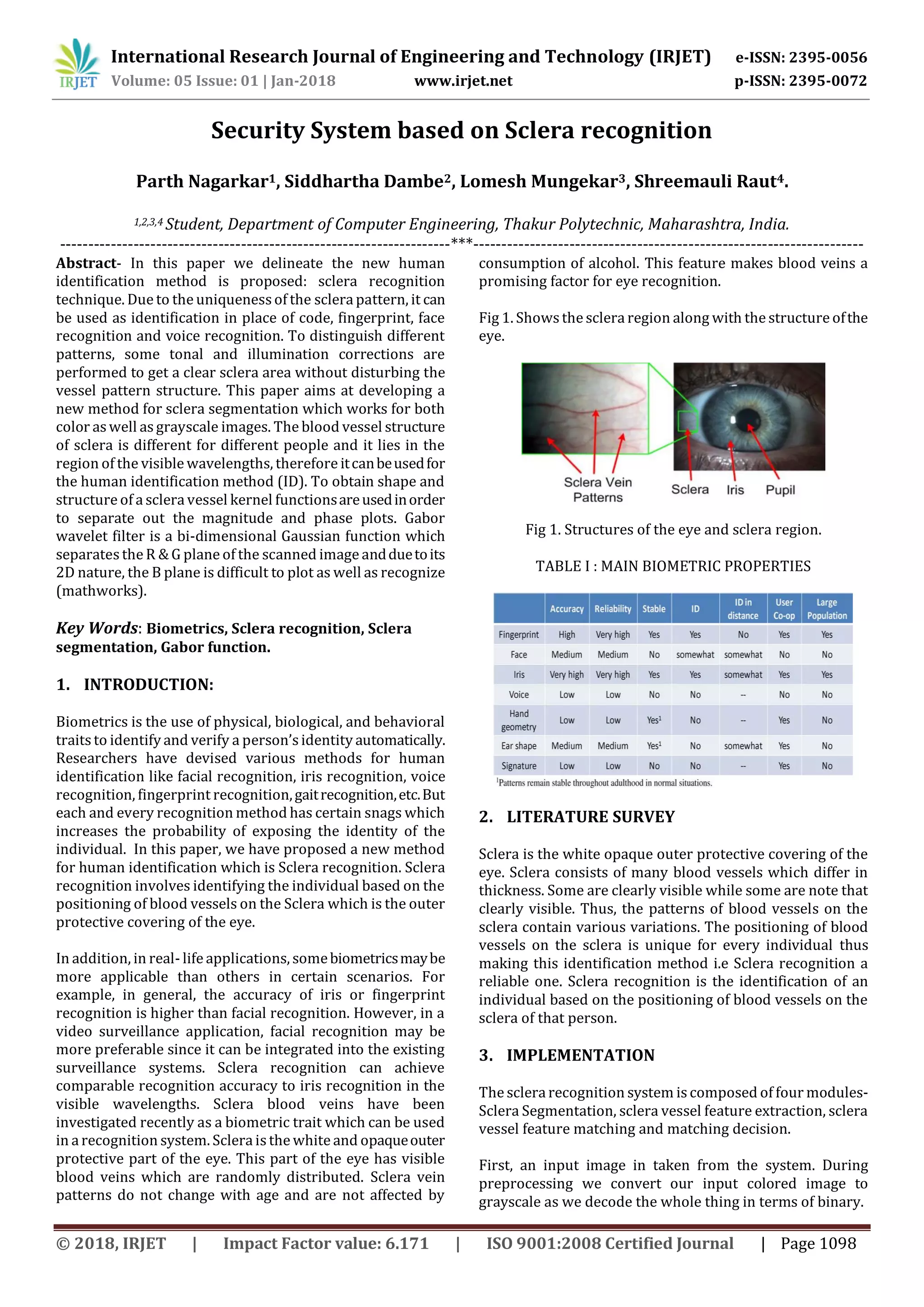 Security System based on Sclera Recognition | PDF
