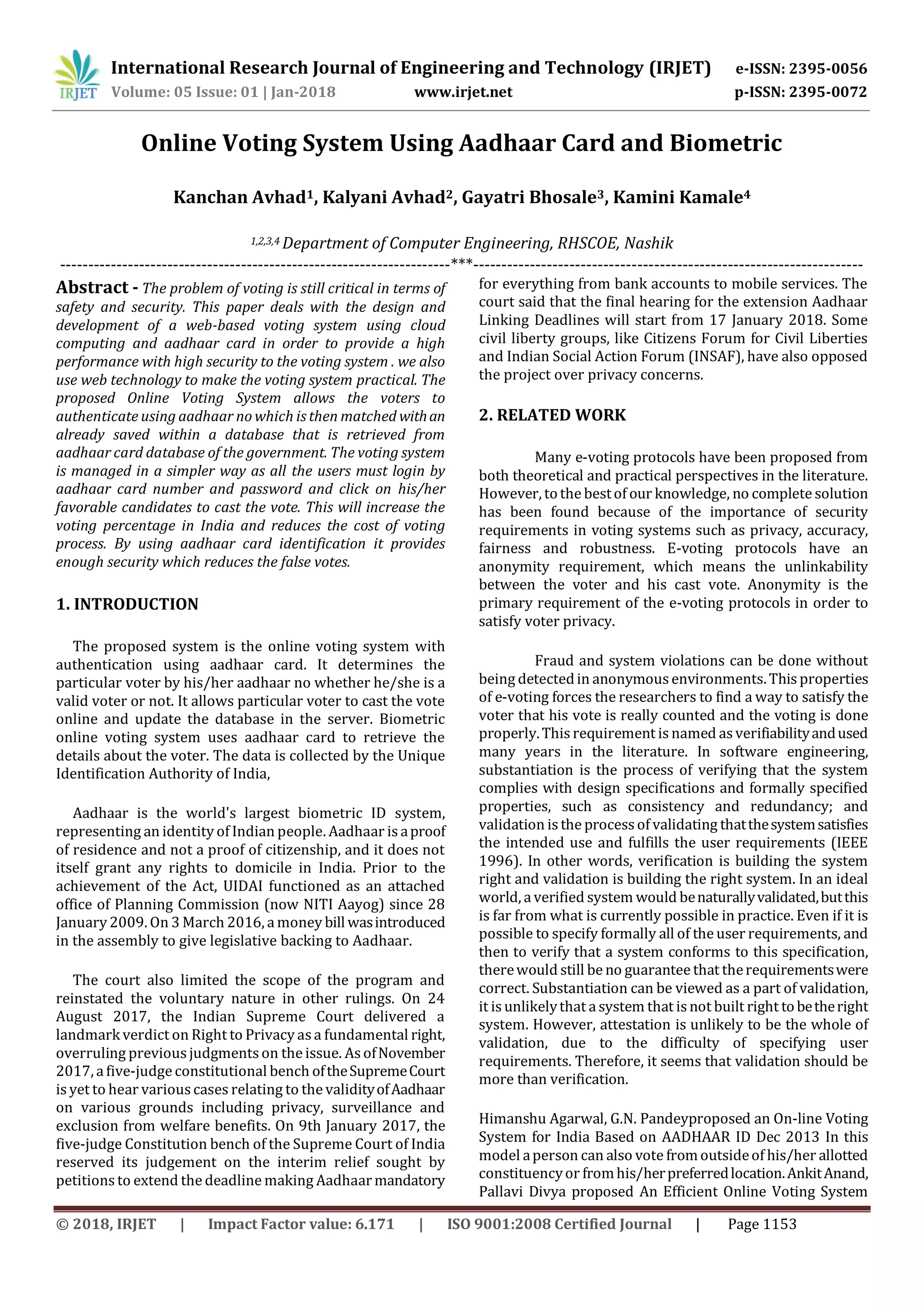 Online Voting System using Aadhaar Card and Biometric | PDF