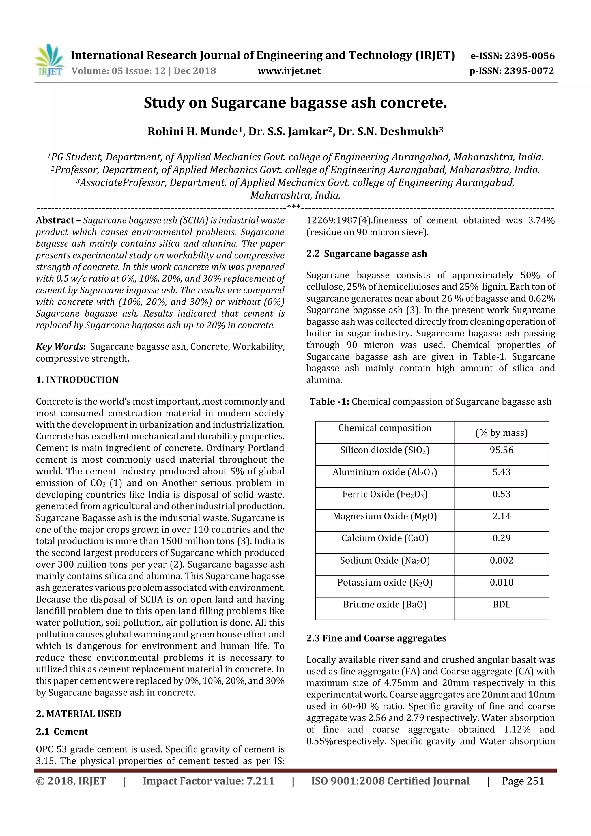 IRJET- Study on Sugarcane Bagasse Ash Concrete | PDF IRJET- Study on Sugarcane Bagasse Ash Concrete | PDF