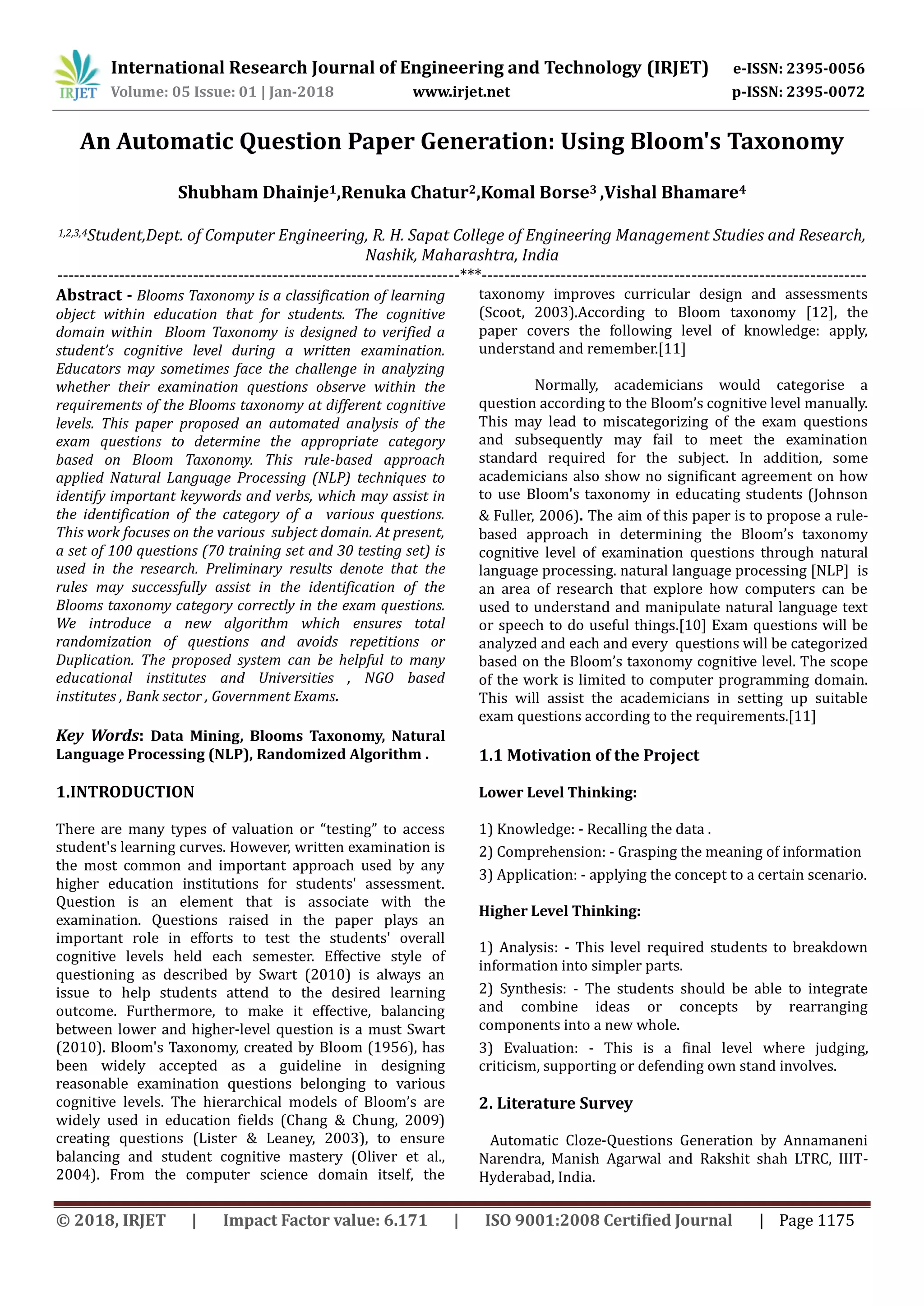 An Automatic Question Paper Generation : Using Bloom's Taxonomy | PDF