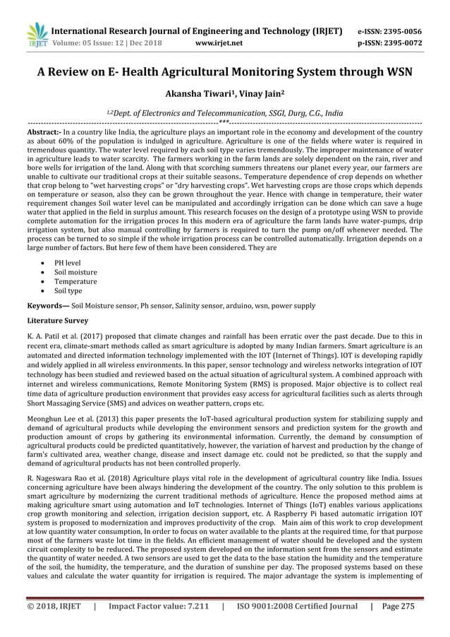 IRJET- A Review on E- Health Agricultural Monitoring System through WSN | PDF | Agriculture ...