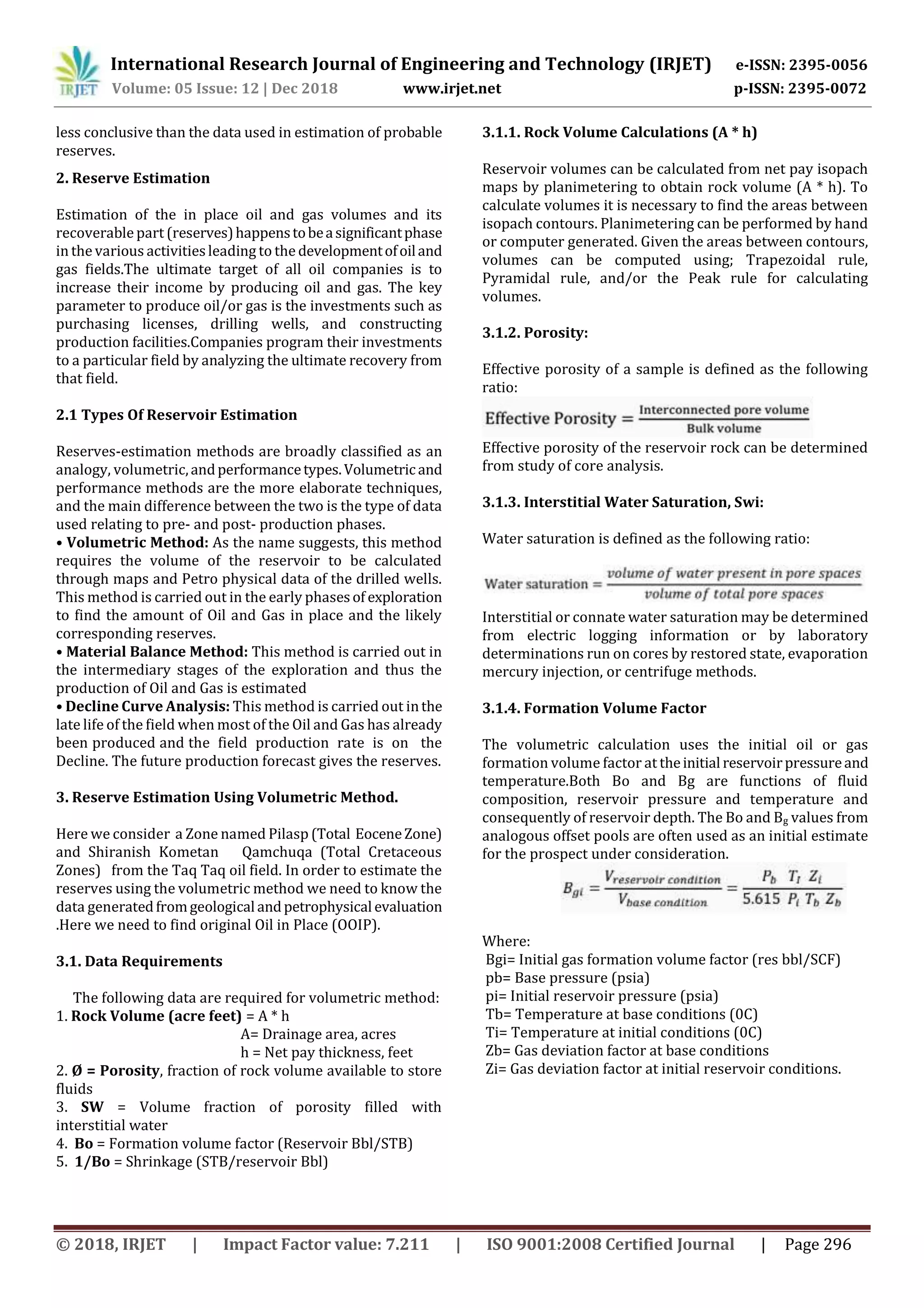 IRJET- Analysis of Reserve Estimation using Volumetric Method on Taq Taq Oil Fields | PDF
