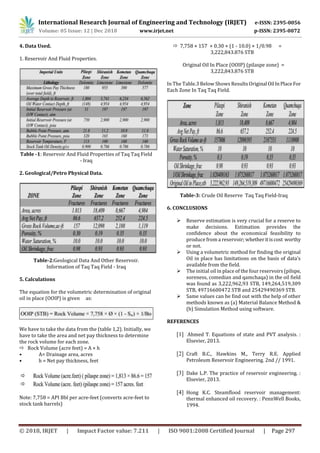 IRJET- Analysis of Reserve Estimation using Volumetric Method on Taq Taq Oil Fields | PDF