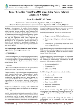 Tumor Detection from Brain MRI Image using Neural Network Approach: A Review | PDF
