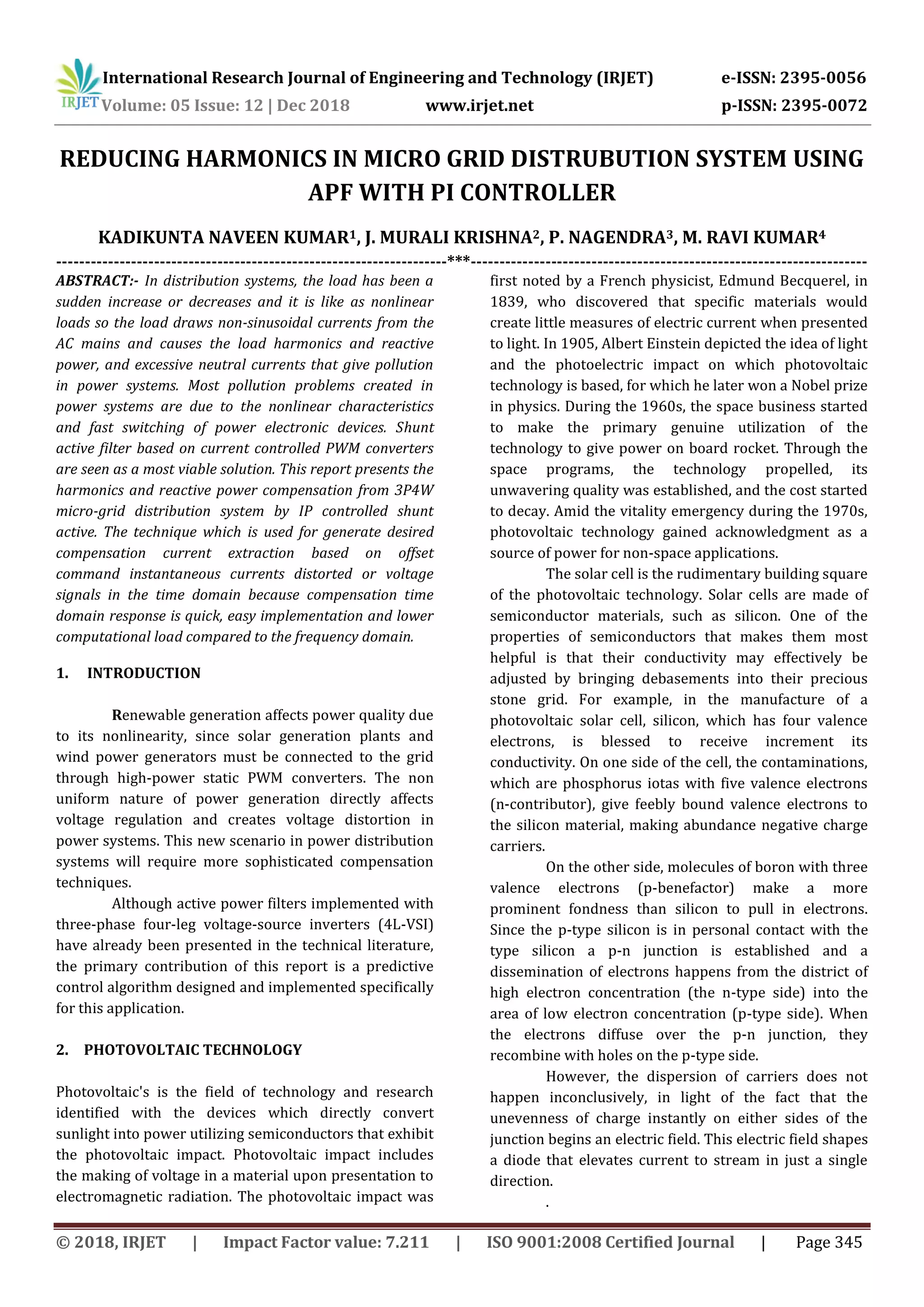 IRJET- Reducing Harmonics in Micro Grid Distrubution System using APF with PI Controller | PDF