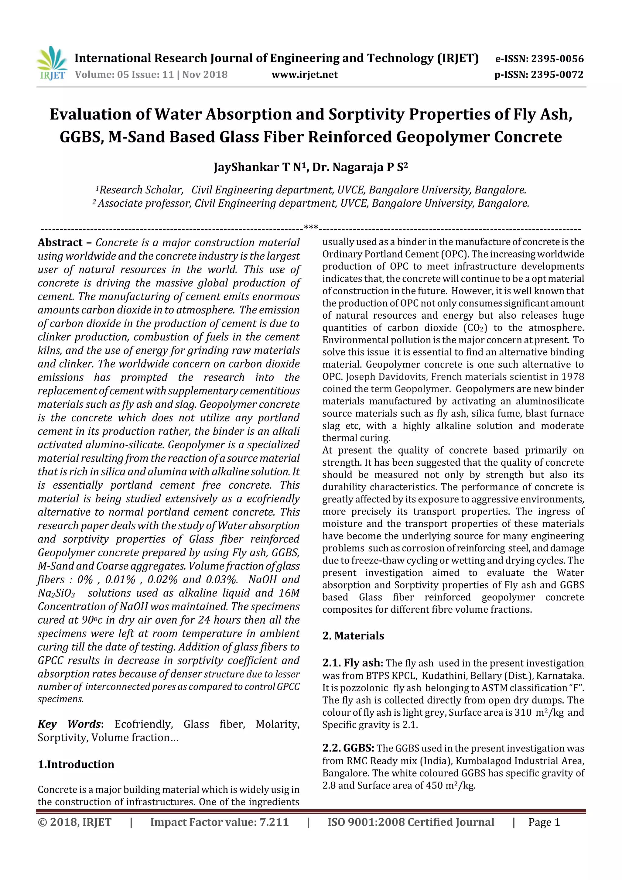 IRJET- Evaluation of Water Absorption and Sorptivity Properties of Fly ...