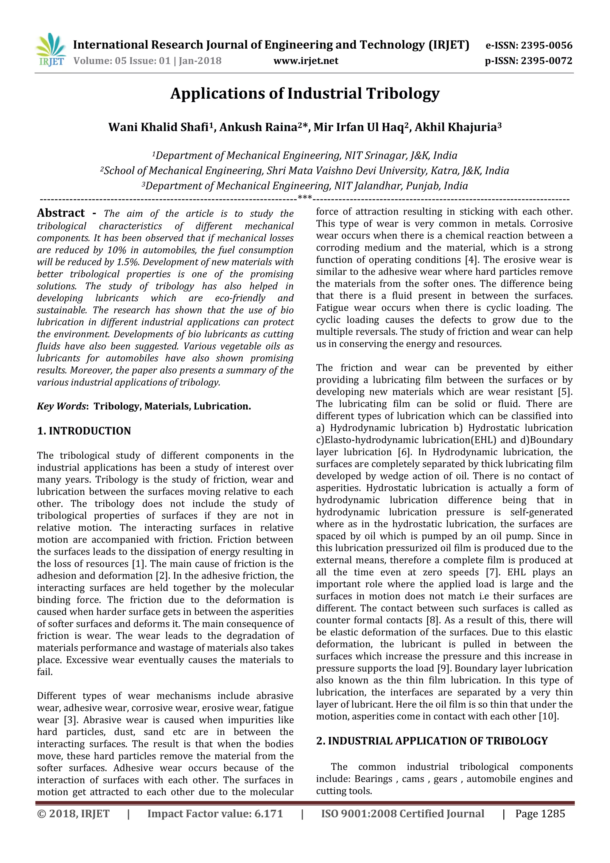 Applications of Industrial Tribology | PDF