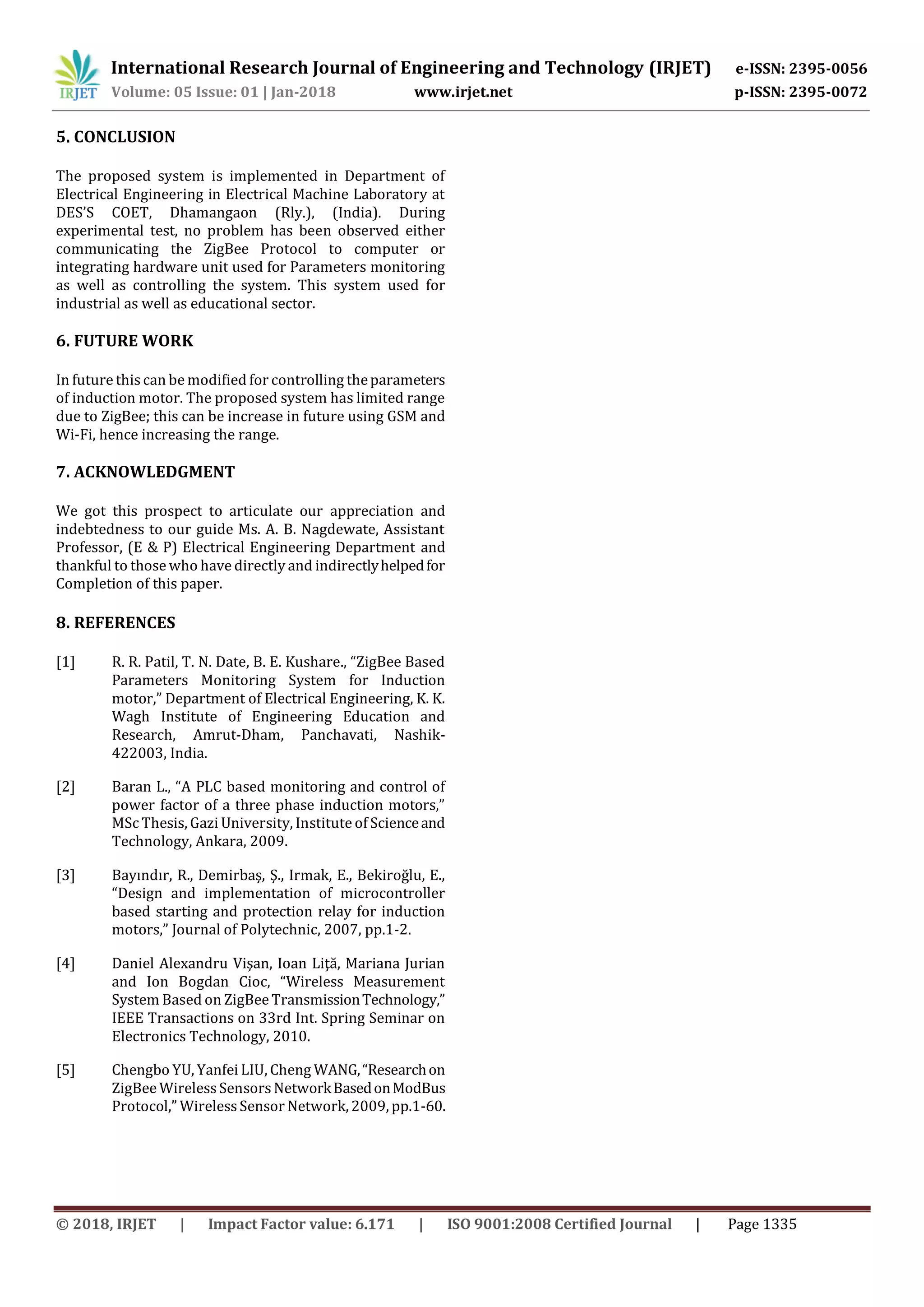 Zigbee Based Parameters Monitoring and Controlling System for Induction Motor | PDF